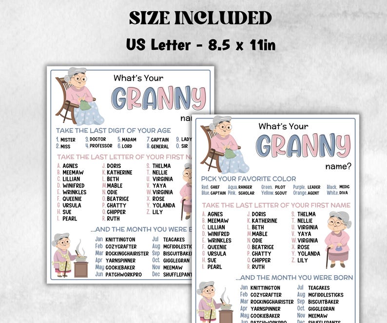 What is Your Granny Name Printable Game, Office Party, Daycare Name ...