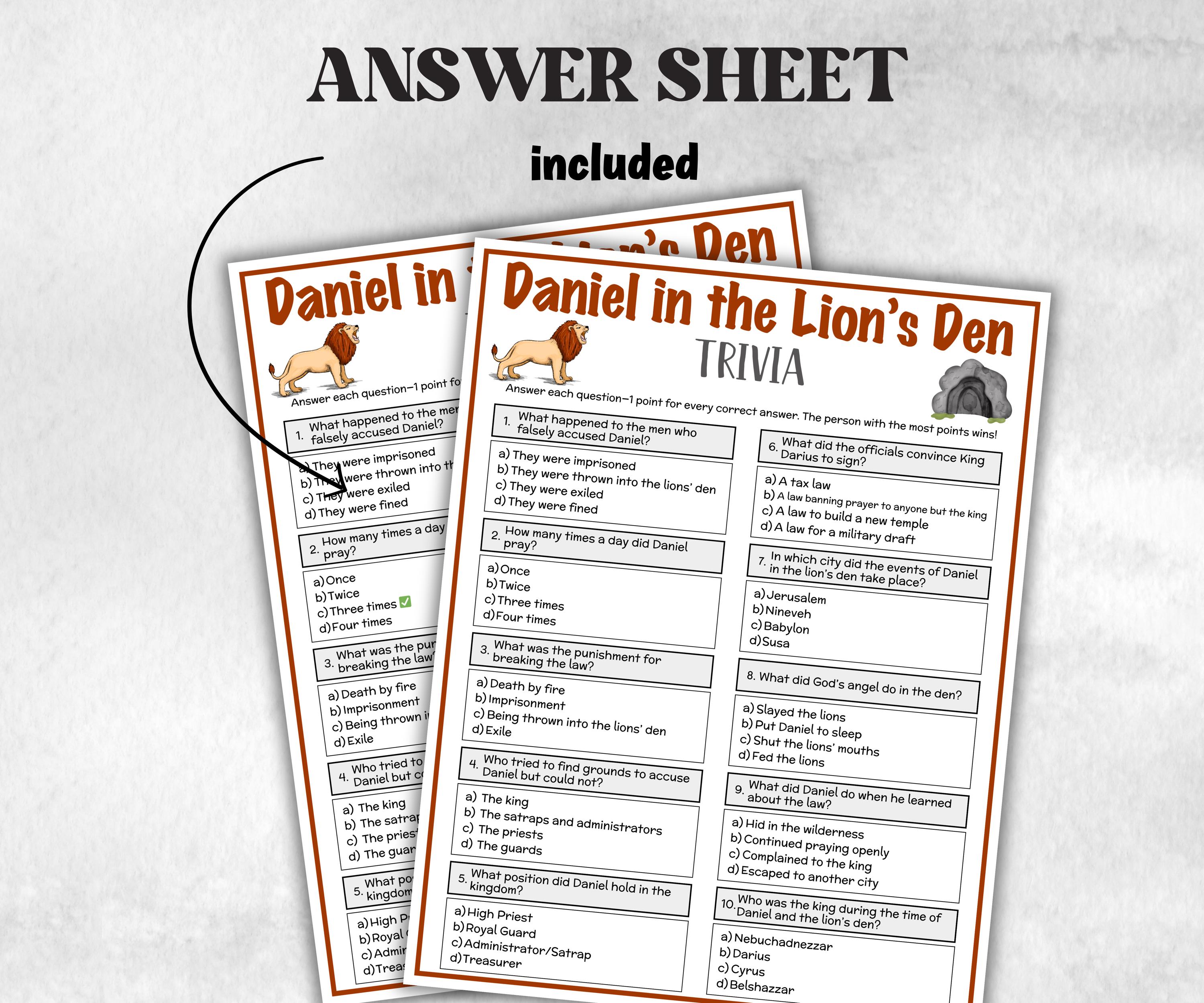 Daniel in the Lion's Den Printable Trivia for Kid, Old Testament ...