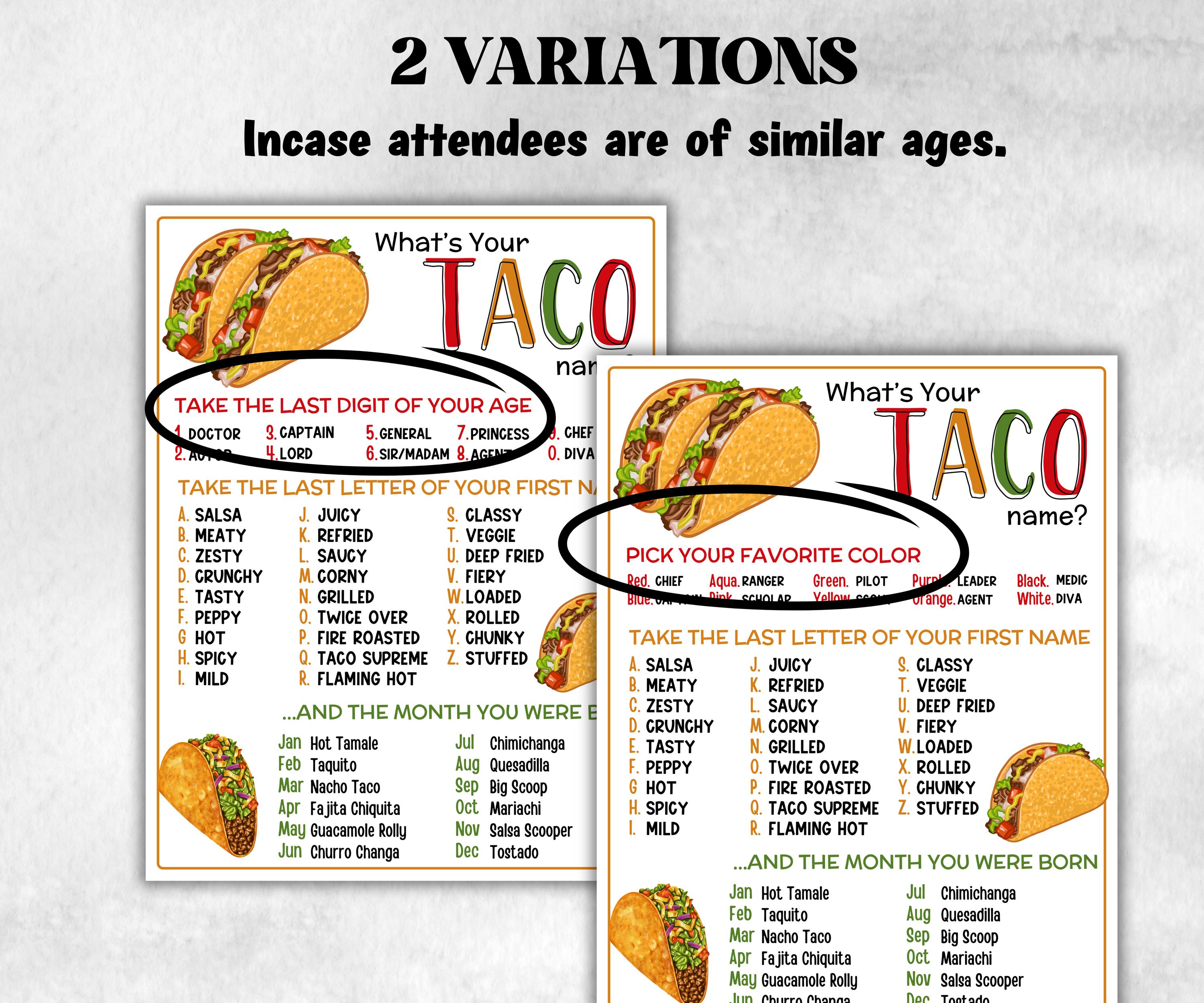What is Your Tacos Name Printable Game, Office Party, Daycare, Name ...