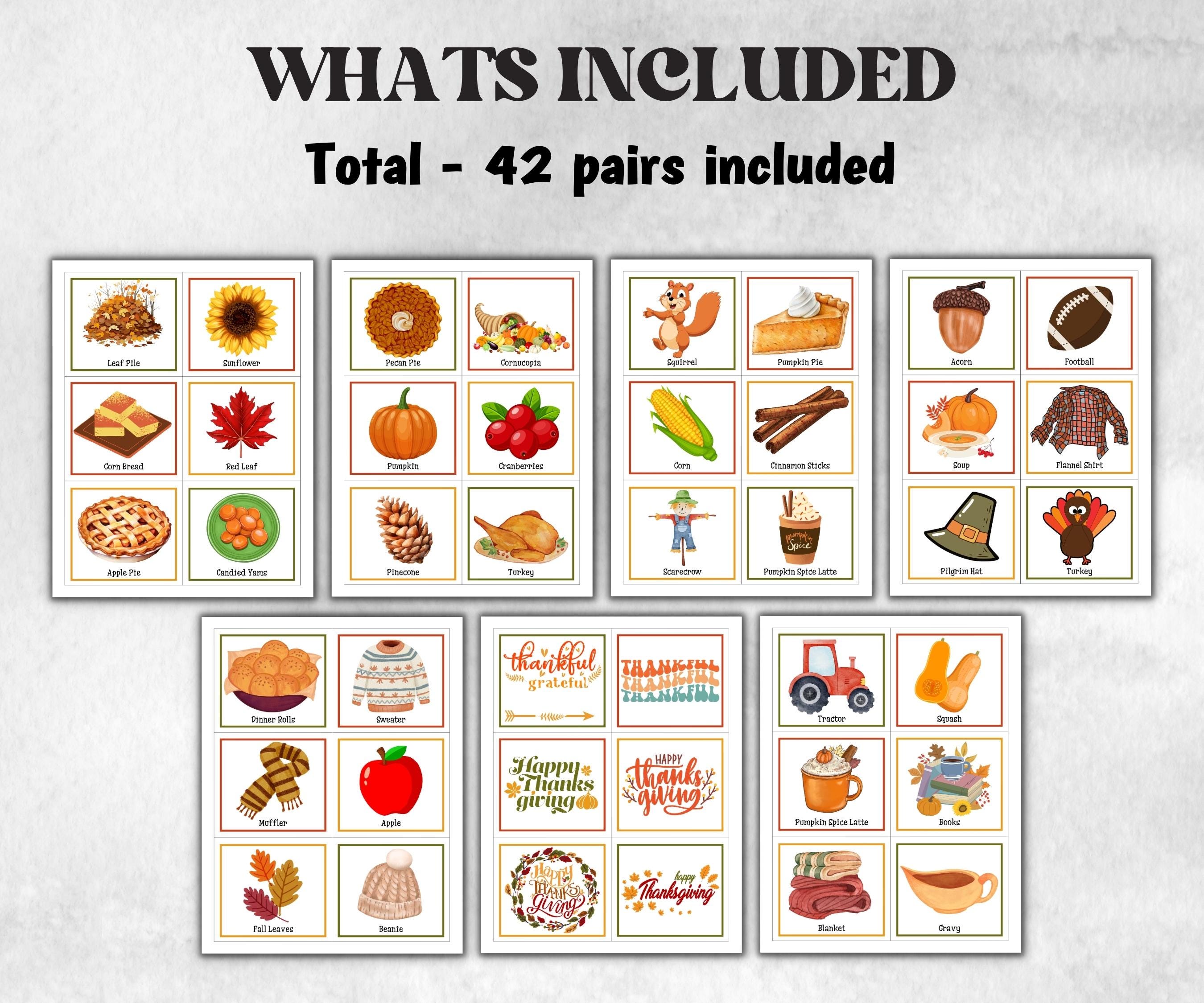 Thanksgiving Memory Pairs, 42 Pairs, Memory Card Game, Thanksgiving ...
