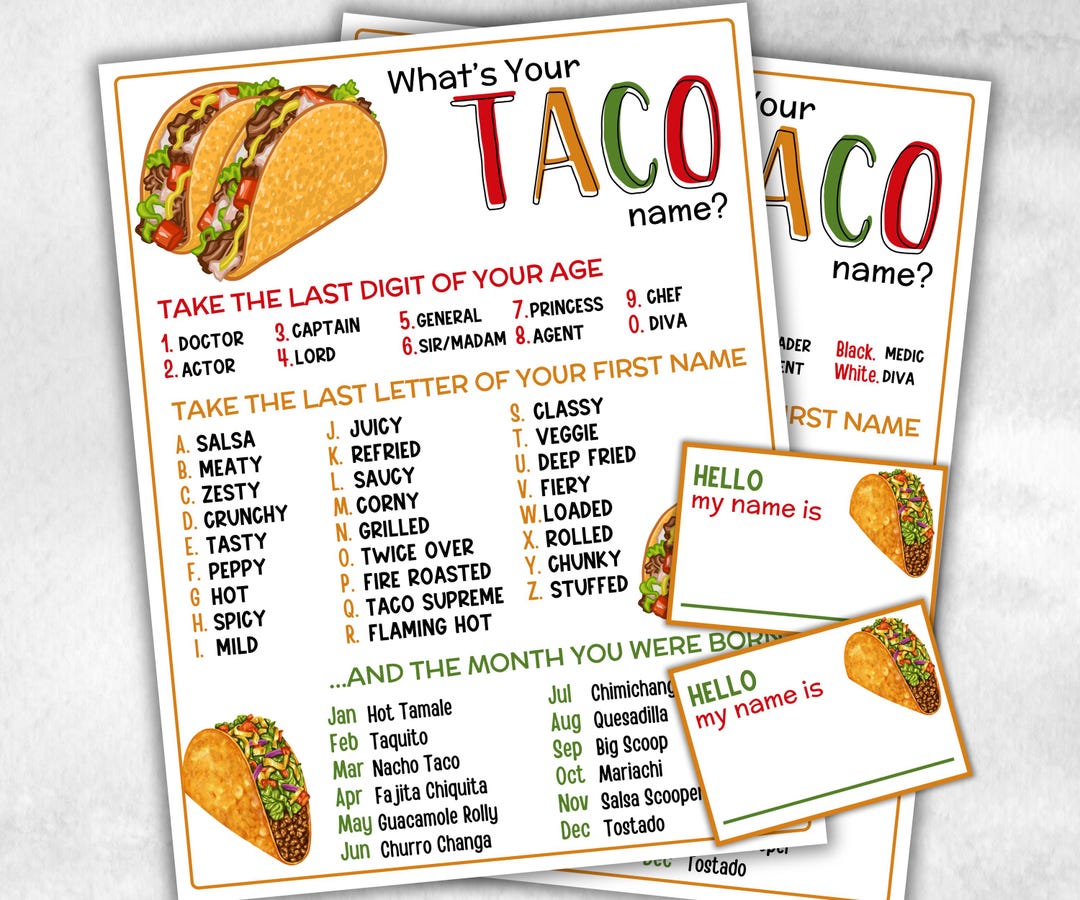 What is Your Tacos Name Printable Game, Office Party, Daycare, Name ...