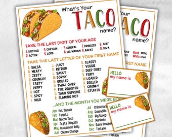 What is Your Tacos Name Printable Game, Office Party, Daycare, Name ...