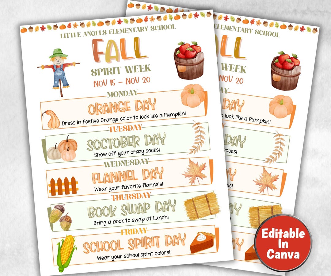 Customizable Fall Autumn School Spirit Week Flyer, PTO Schedule ...