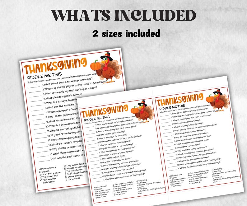Thanksgiving Riddles Jokes, Printable Activity, Party Game ...