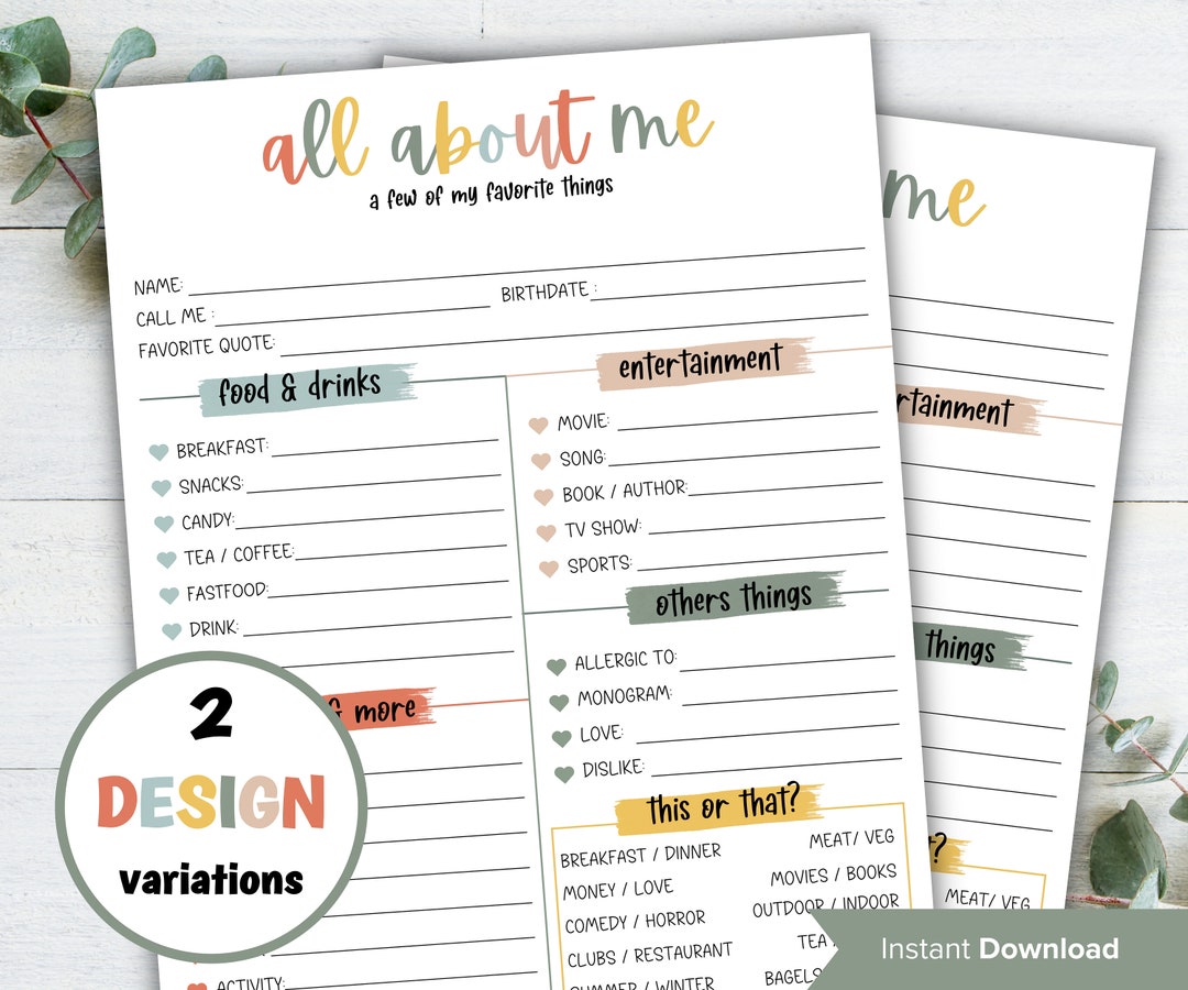 Favorites Survey, All About Me Printable, Questionnaire, My Favorite ...