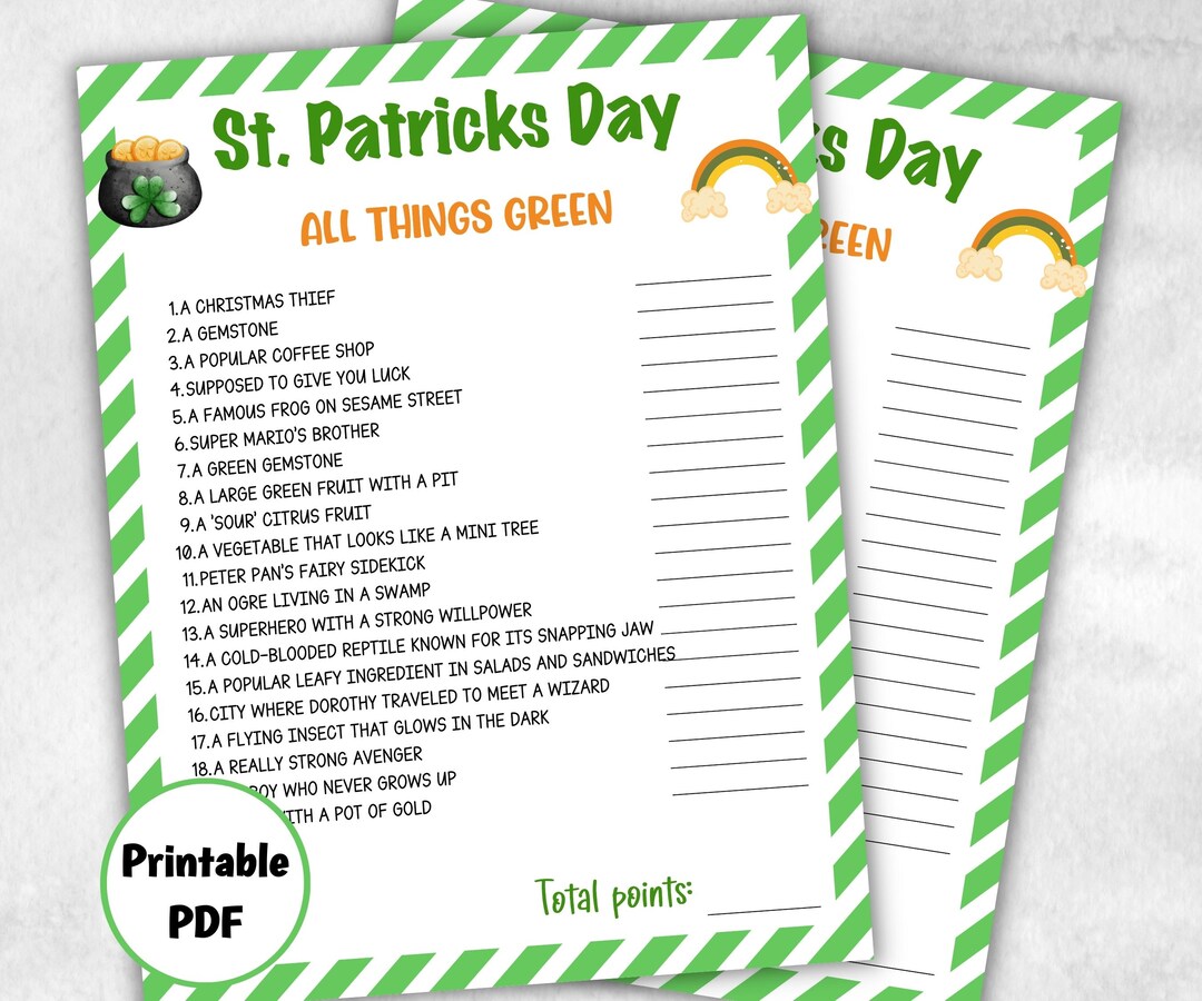 St. Patrick's Day All Things Green Game, Office Fun, Non-drinking ...