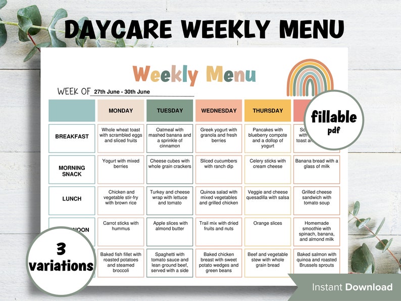 Home Daycare Weekly Menu Editable Weekly Meal Planner - Etsy