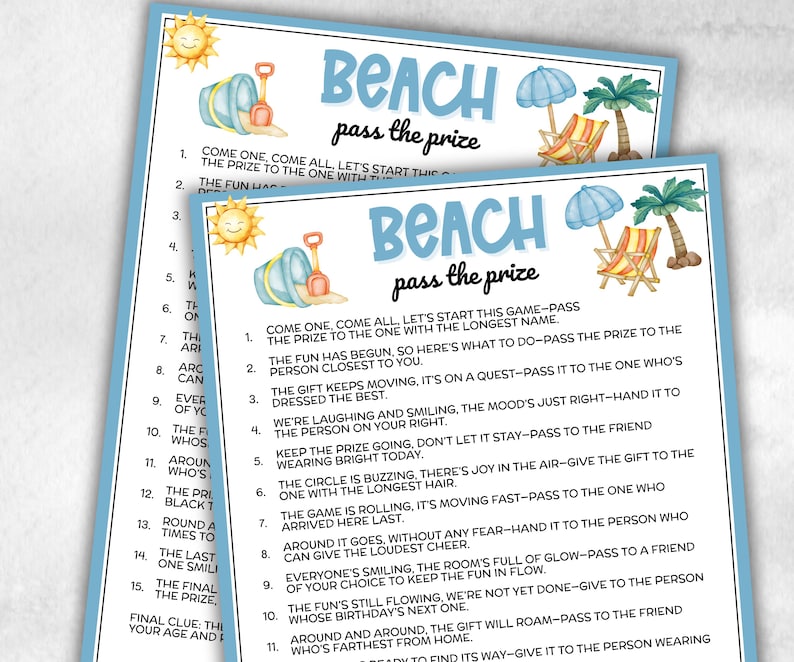 Beach Party Pass the Prize, Left Right Game, Themed Summer Birthday ...