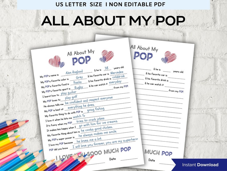 All About My Pops Fill in the Blank I Father's Day Gift I About Pop I ...