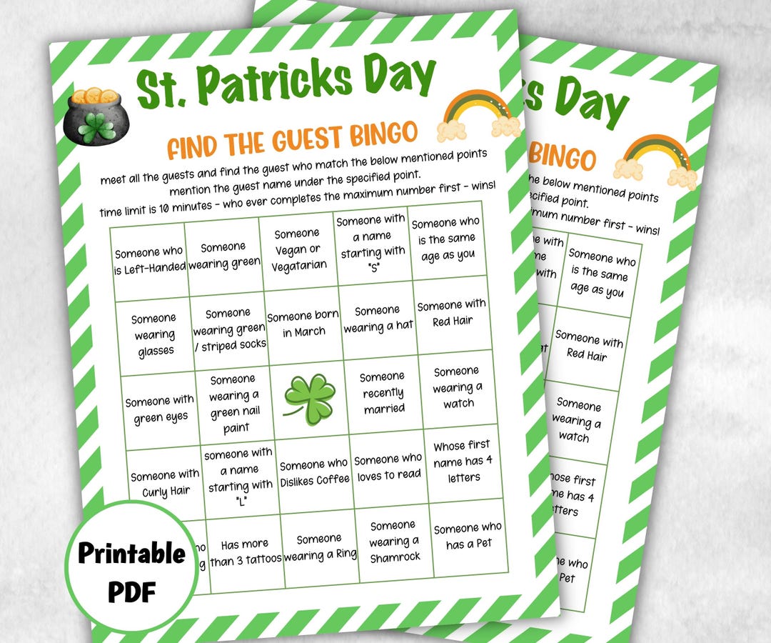 St. Patrick's Day Find the Guest Bingo, Office Fun, No Drinking ...