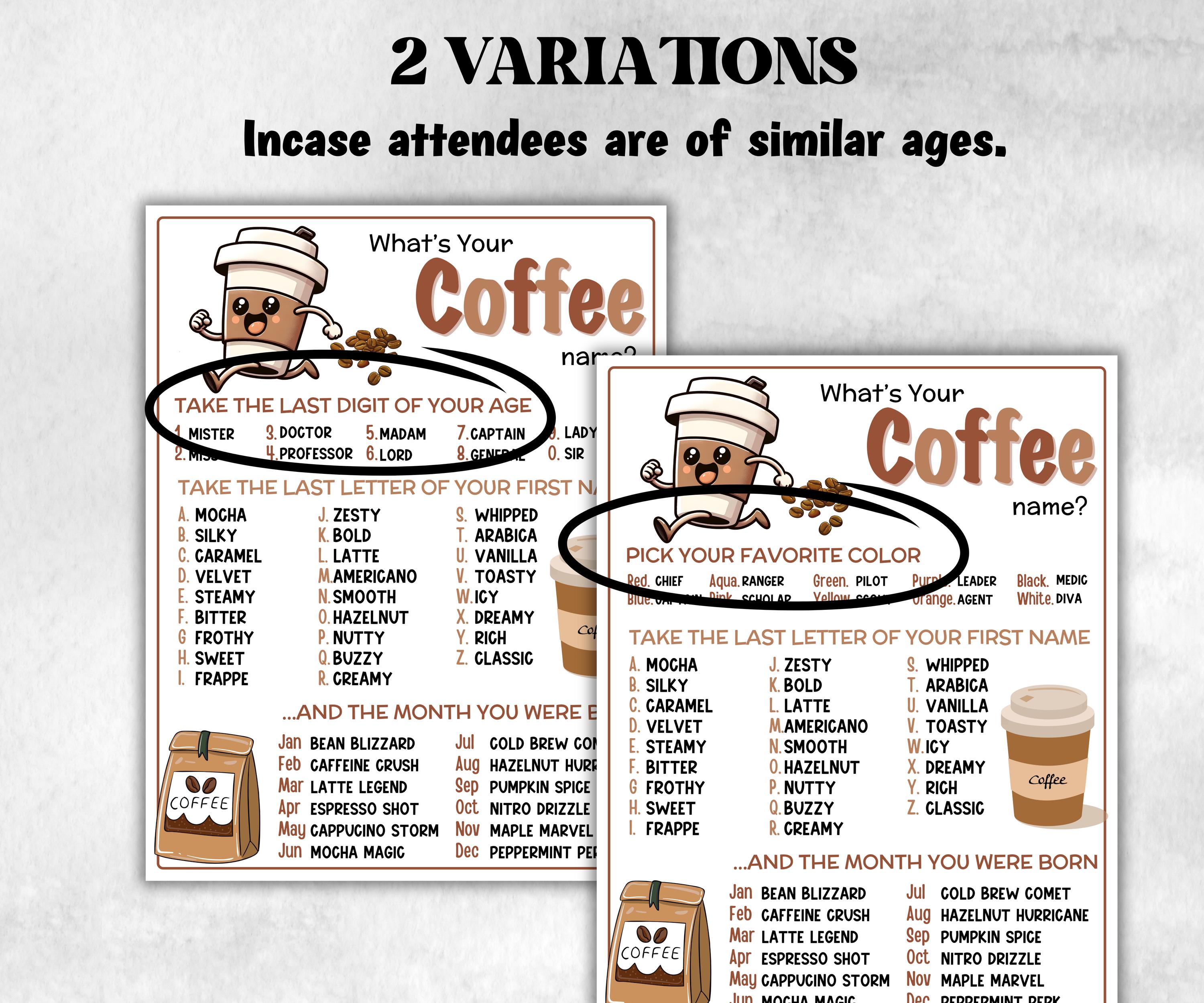 What is Your Coffee Name Printable Game, Office Party, Daycare, Name ...