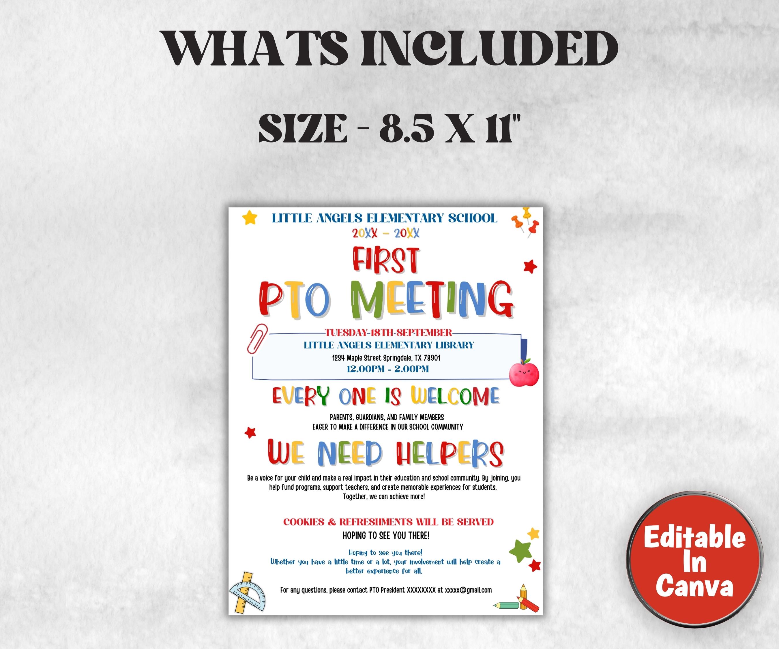 First PTO PTA Meeting Flyer Template, Parent Engagement, School ...