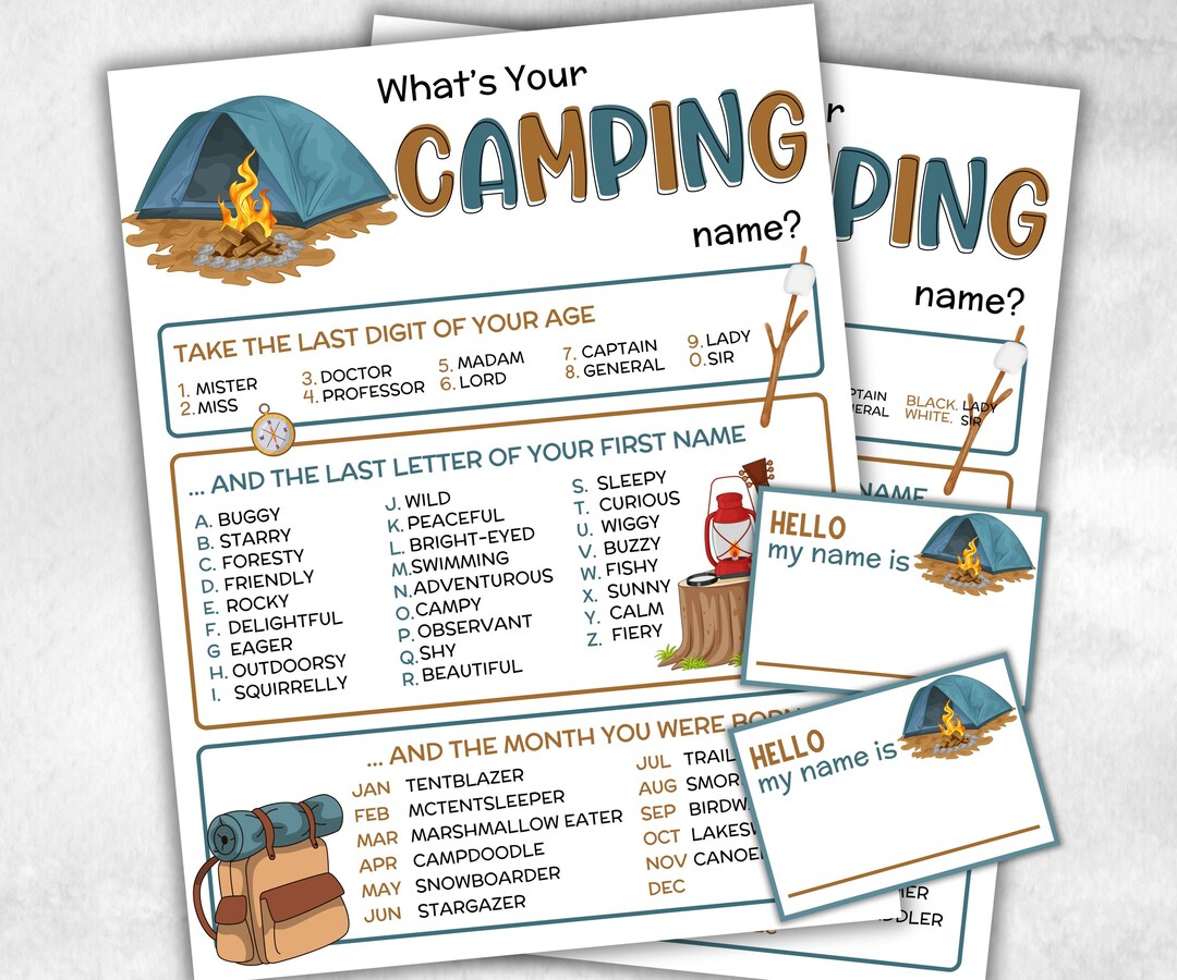 What is Your Camping Name Printable Game, Office Party, Daycare Name ...