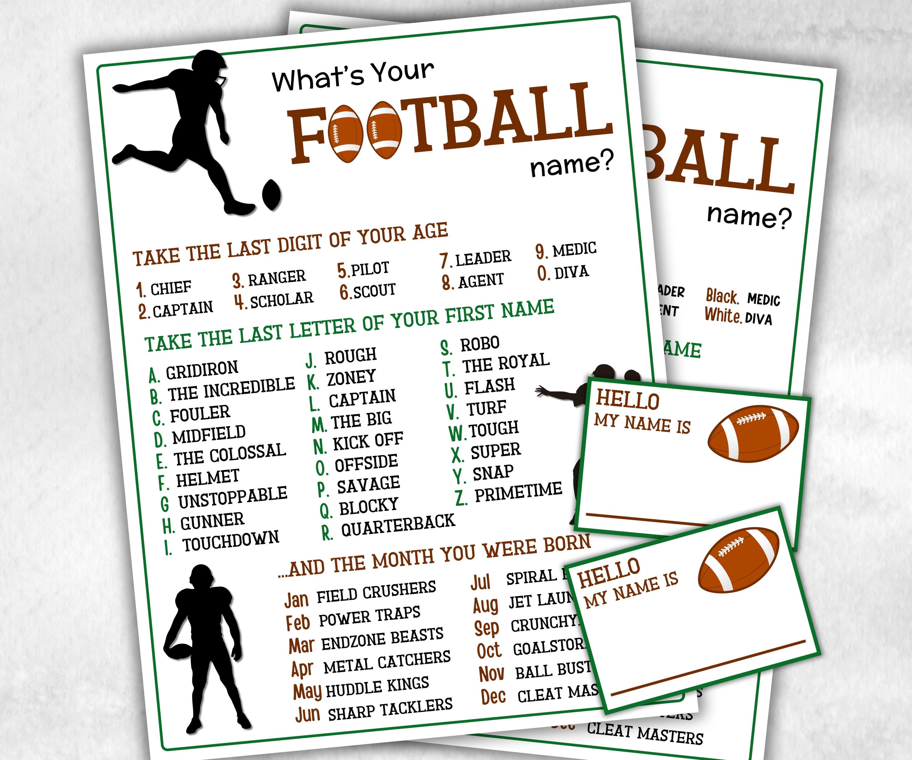What is Your Football Name Printable Game, Office Party, Daycare Name ...