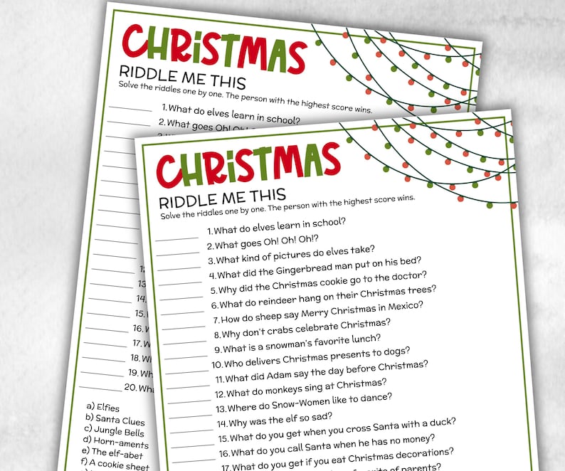 Christmas Riddles Trivia, Printable Activity, Party Game, Xmas Santa ...