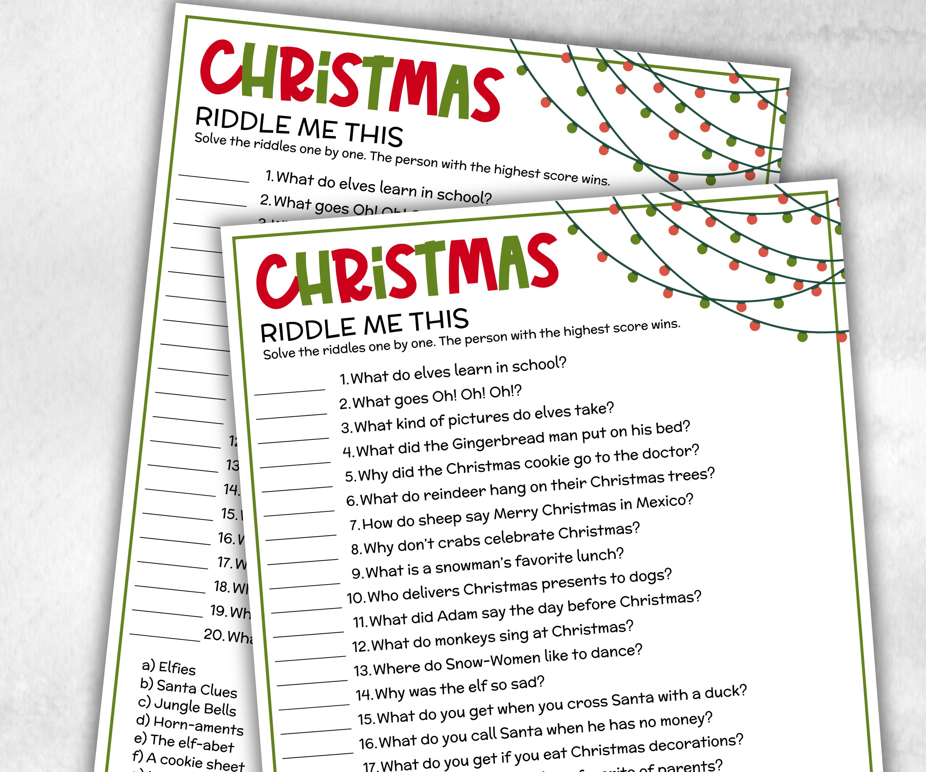Christmas Riddles Trivia, Printable Activity, Party Game, Xmas Santa ...