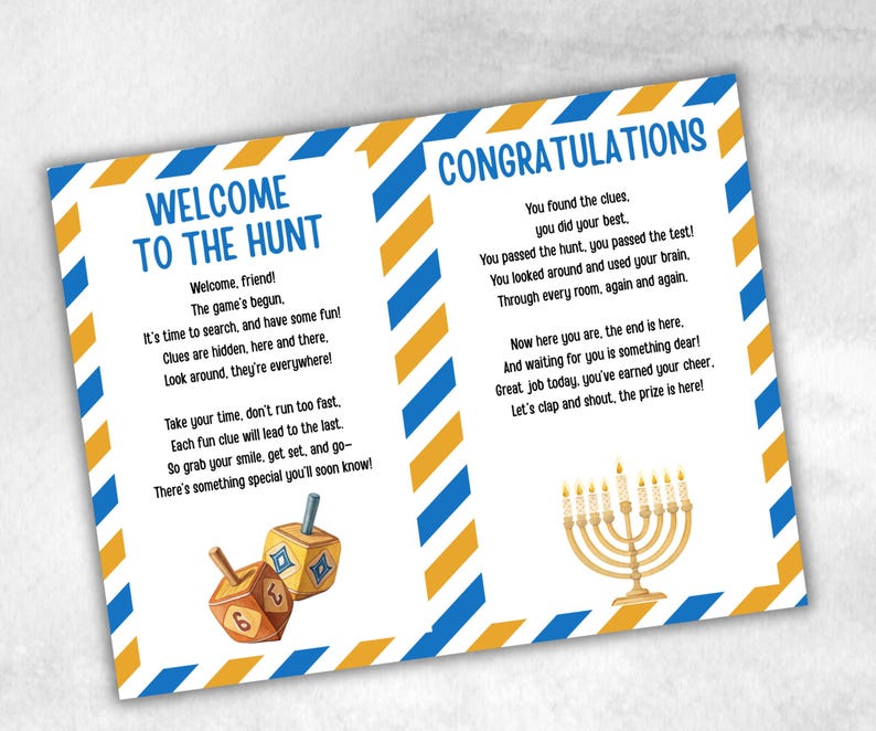 Kids Hanukkah Indoor Treasure Hunt, Treasure Scavenger Clues, Chanukah ...
