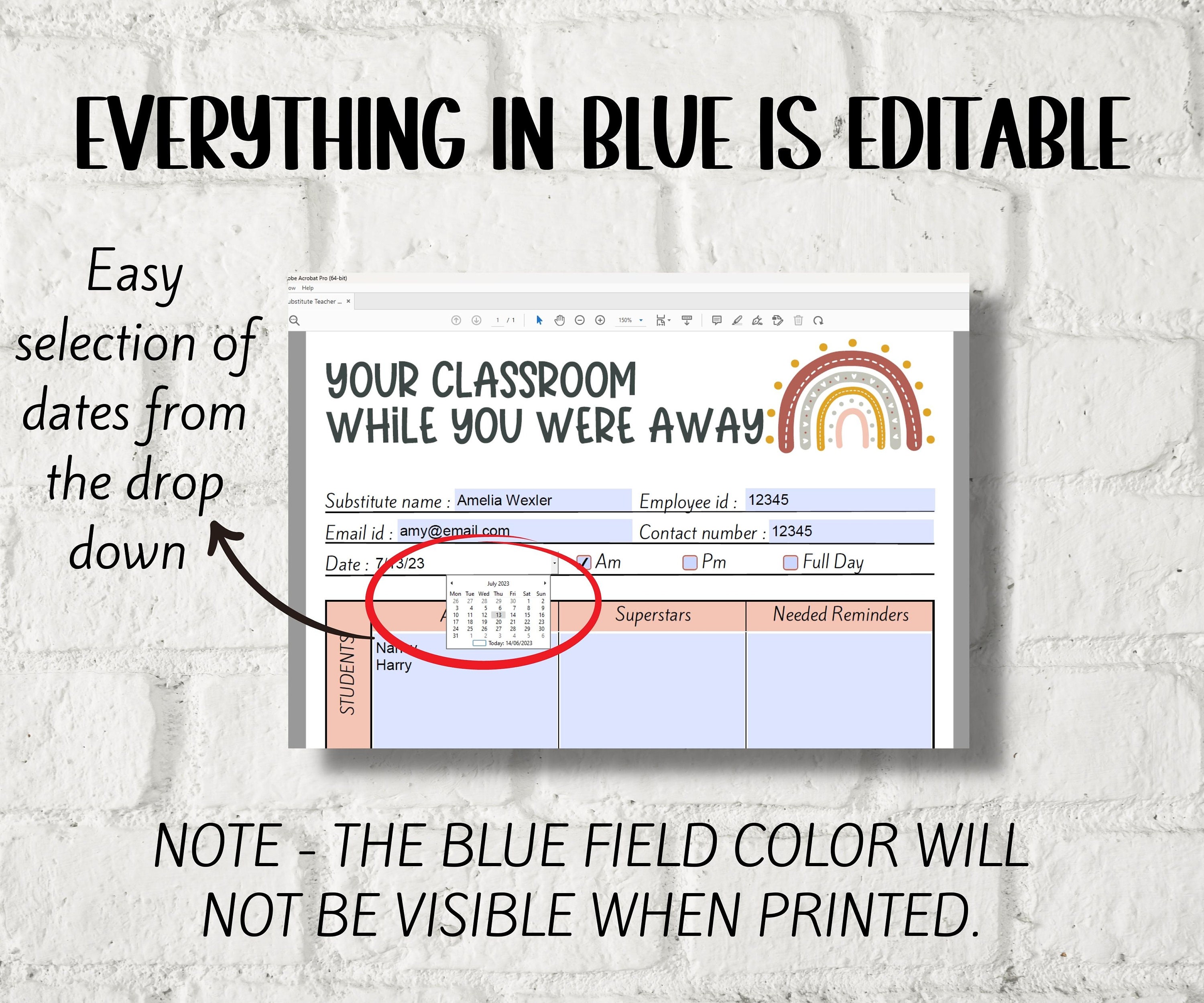 Fillable Substitute Teacher Notes I While You Were Away I - Etsy