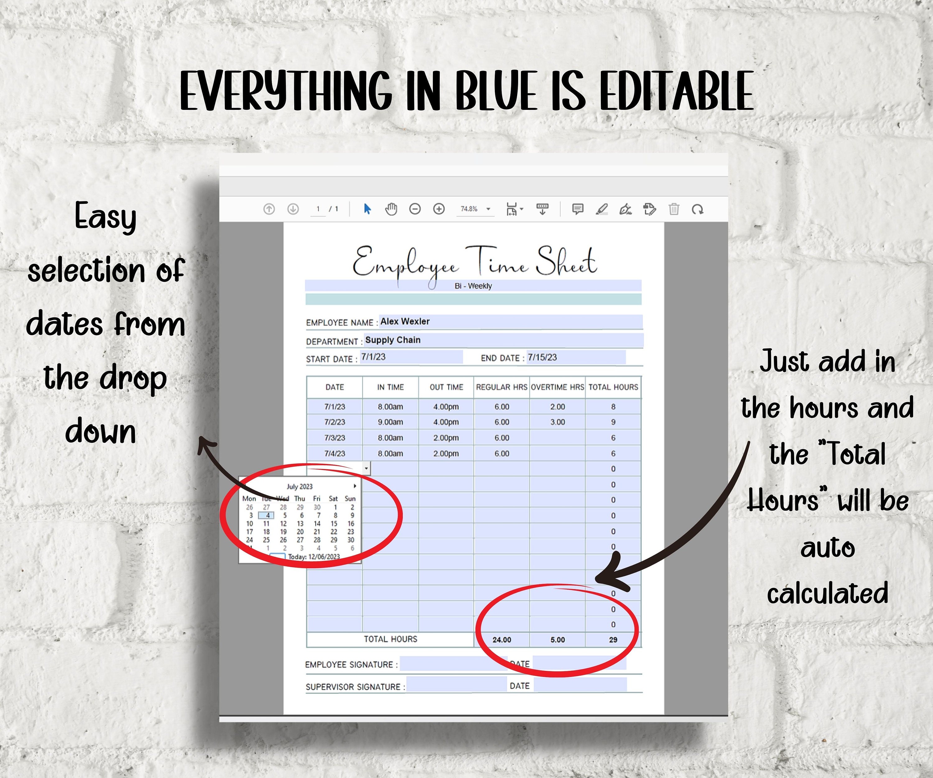 Employee Timesheet Editable I Editable Timesheet I Time Card I Time ...