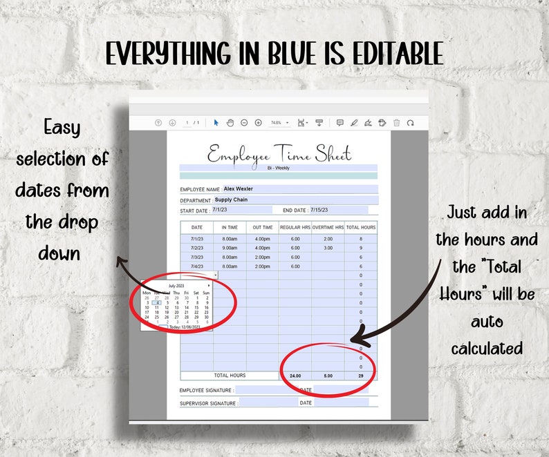 Employee Timesheet Editable I Editable Timesheet I Time Card I Time ...