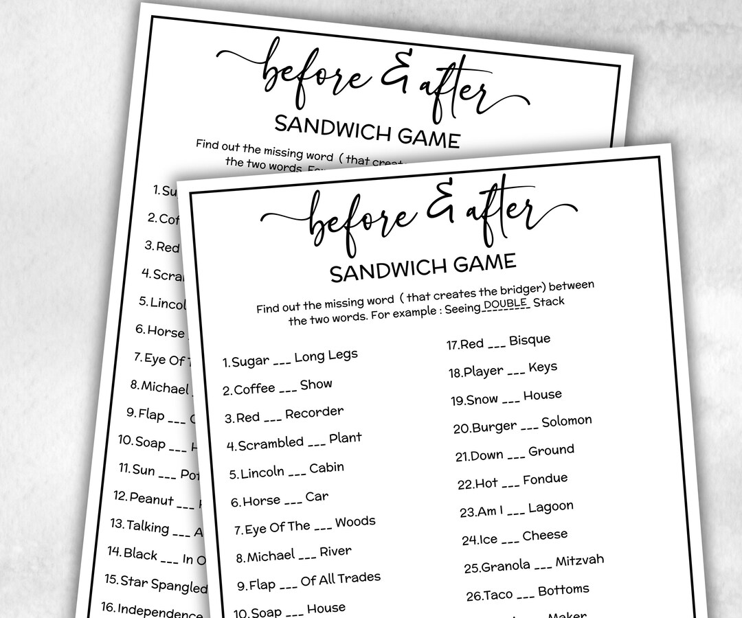 Before and After Family Sandwich Game, Fill in the Blank Word Quiz ...