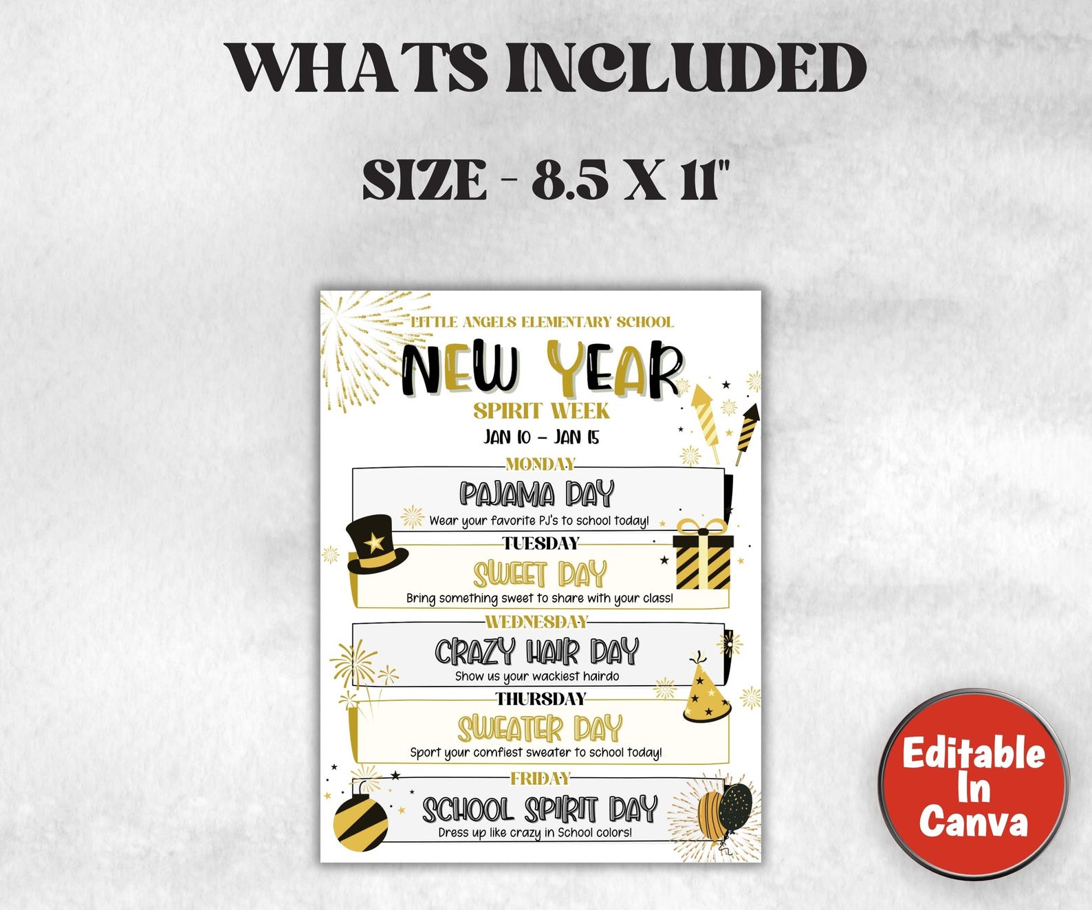 Customizable New Year's School Spirit Week Flyer, PTO Schedule, January ...