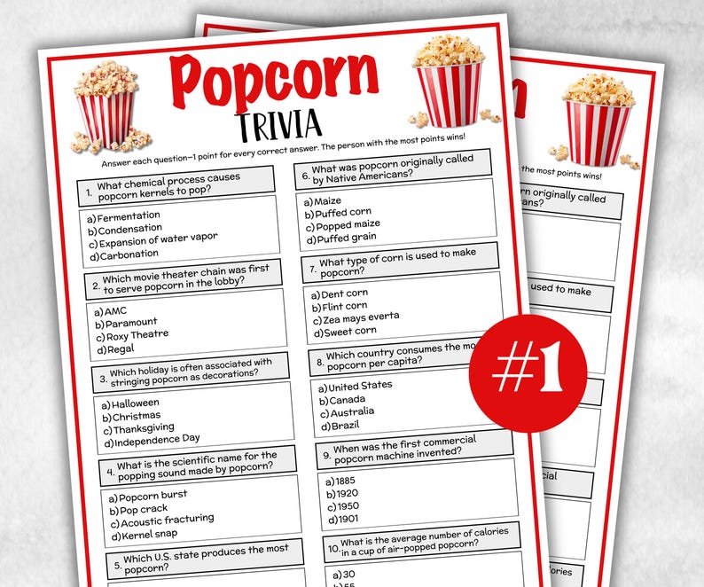 Printable Popcorn Trivia Game, Poprcorn Theme Birthday Activity ...