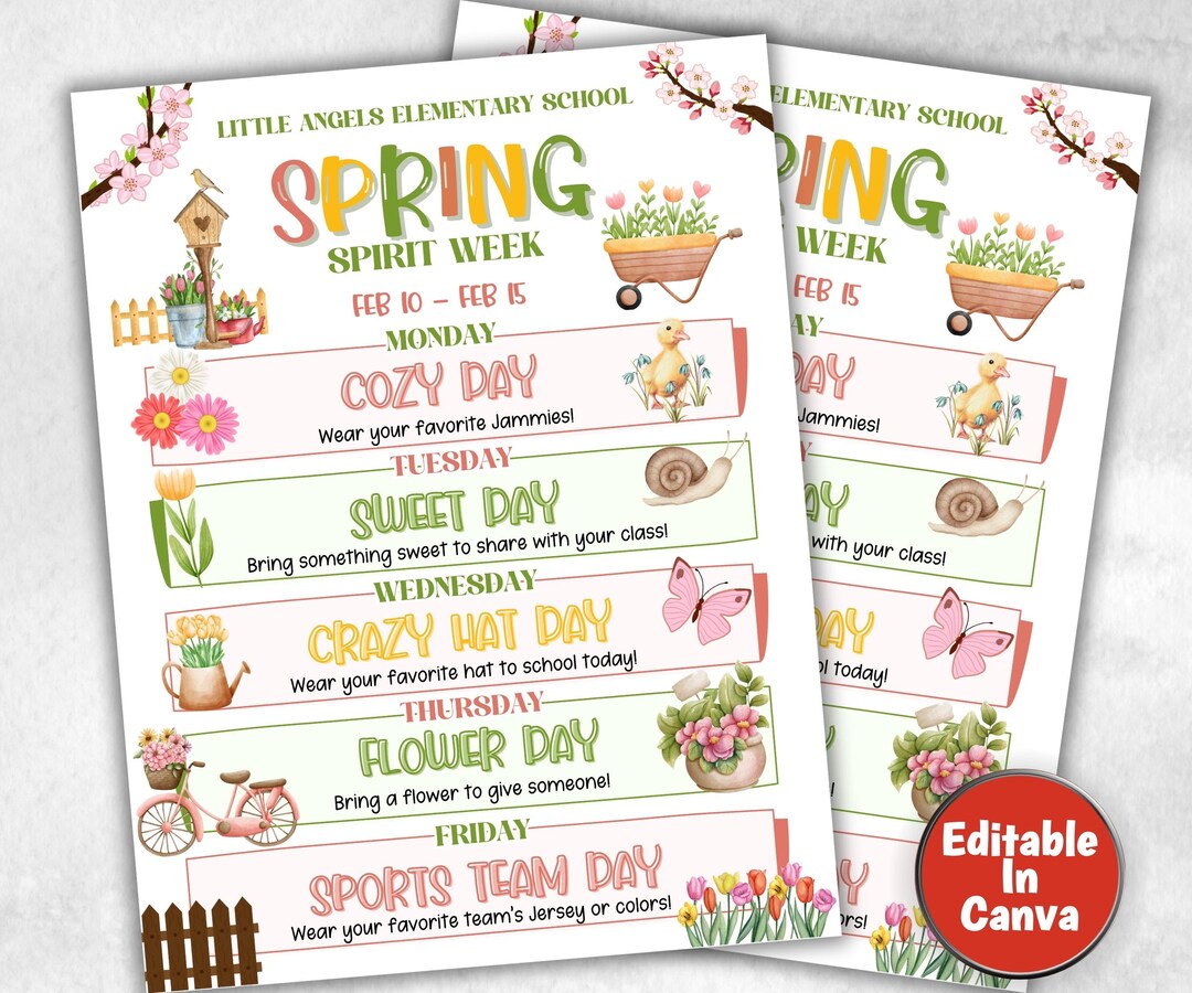 Customizable Spring School Spirit Week Flyer, PTO Schedule, April ...