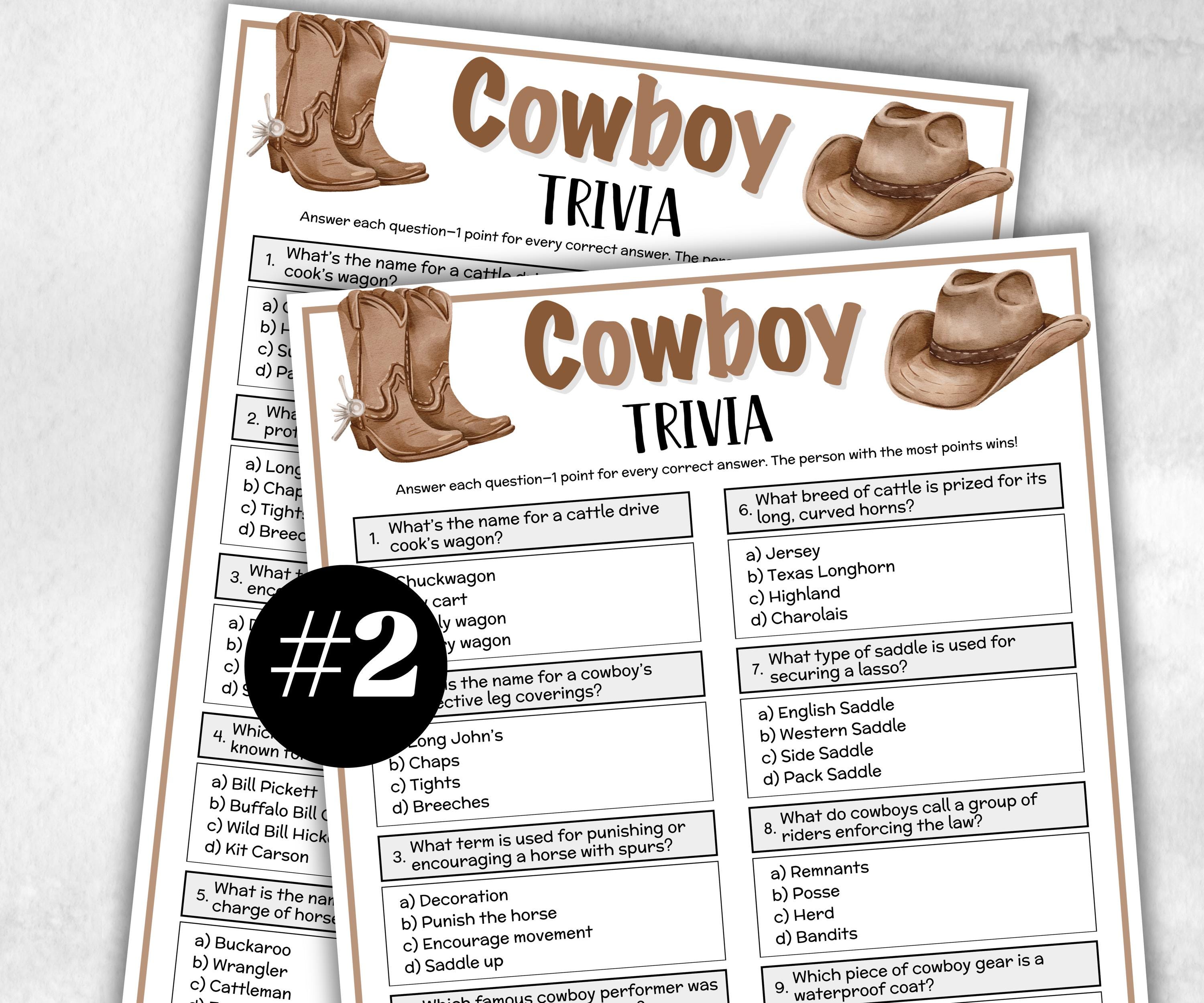 Cowboy Trivia Party, Rodeo Themed Birthday, Trivia Night, Game for ...
