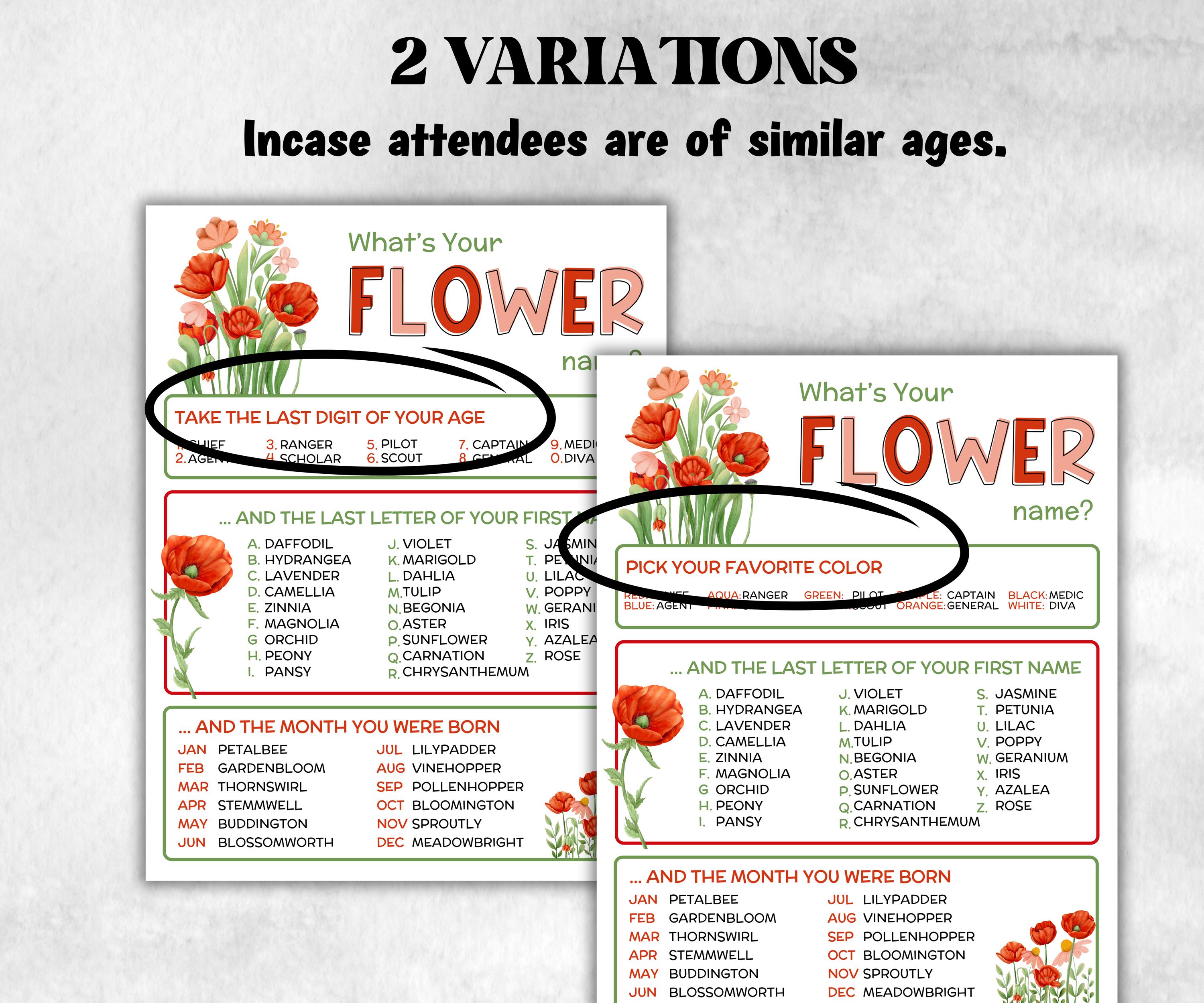 What is Your Flower Name Printable Game, Office Party, Daycare, Name ...