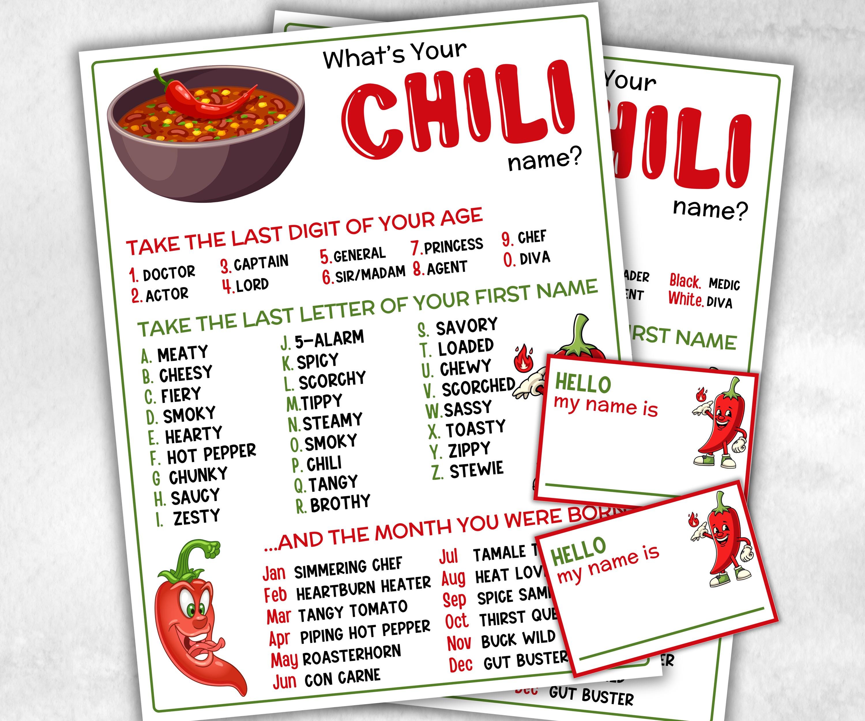 What is Your Chili Name Printable Game, Office Party, Daycare, Name ...