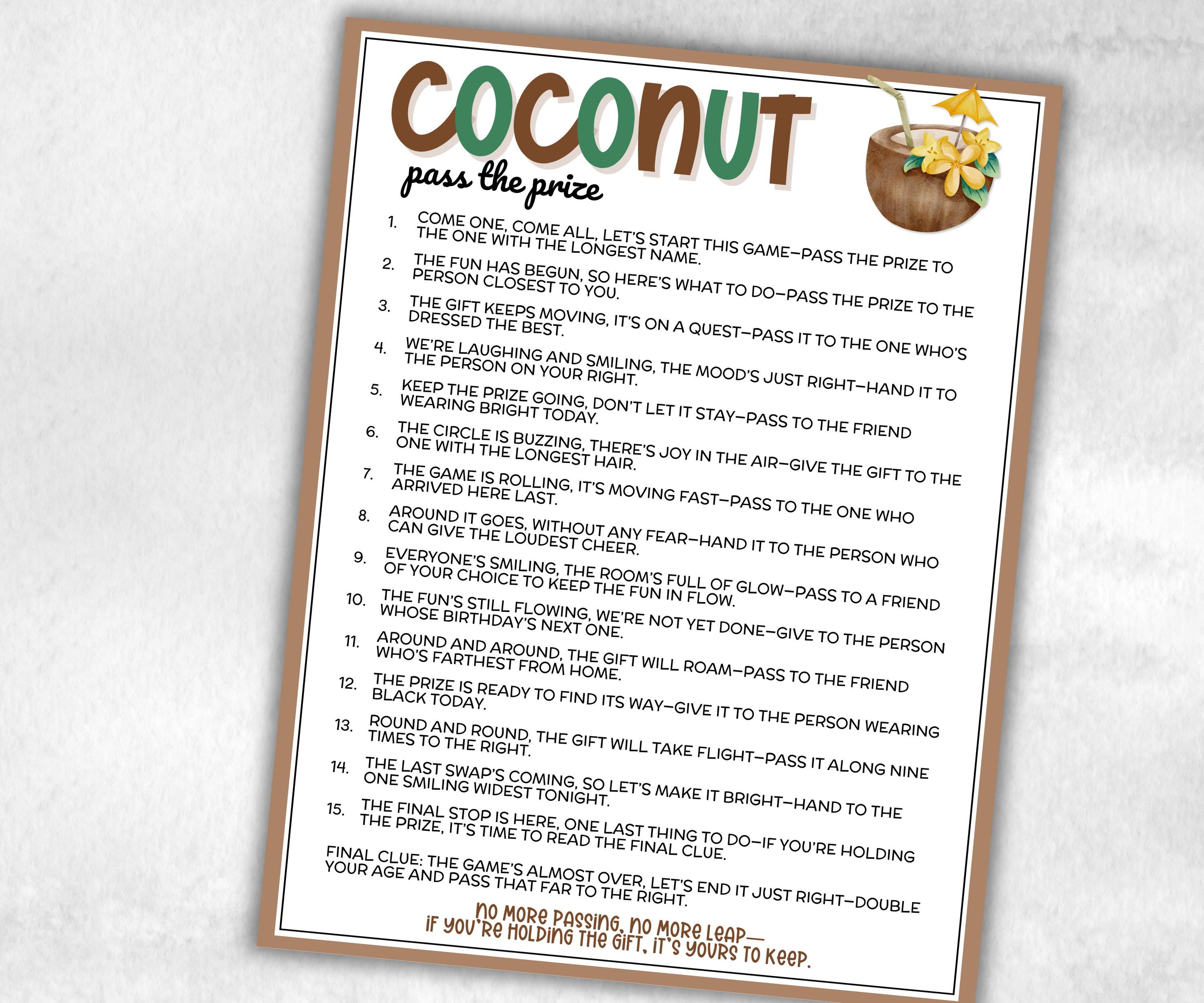 Coconut Pass the Prize Left Right Game, Luau Party Activity, Hawaiian ...