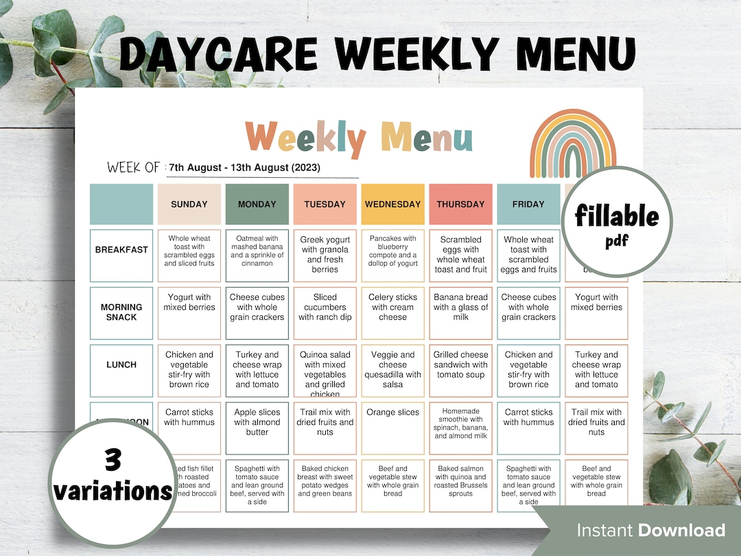 Home Daycare Weekly Menu Editable | Weekly Meal Planner | Preschool ...