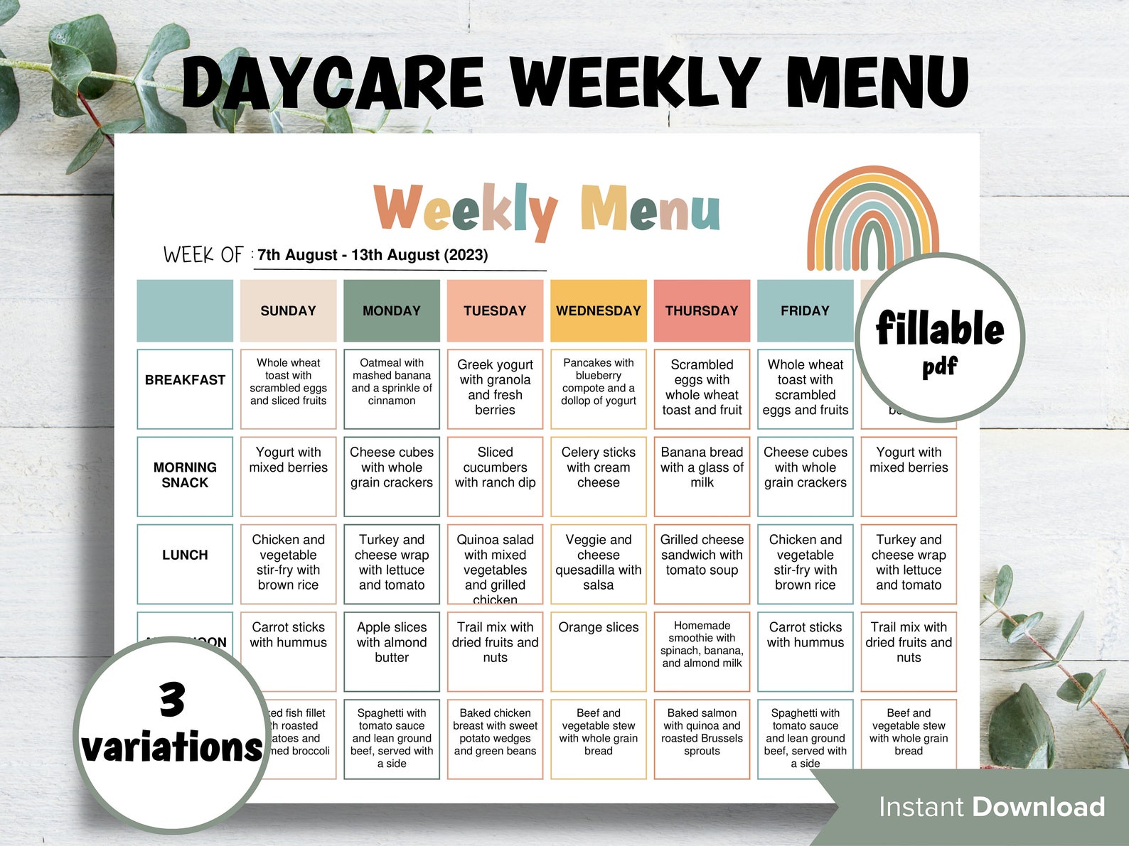 Home Daycare Weekly Menu Editable Weekly Meal Planner - Etsy