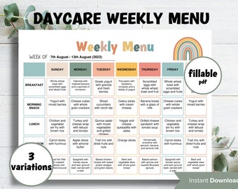 Home Daycare Weekly Menu Editable Weekly Meal Planner Preschool Menu ...