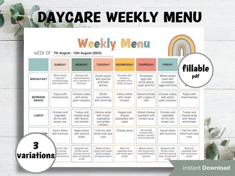 Home Daycare Weekly Menu Editable Weekly Meal Planner Preschool Menu ...