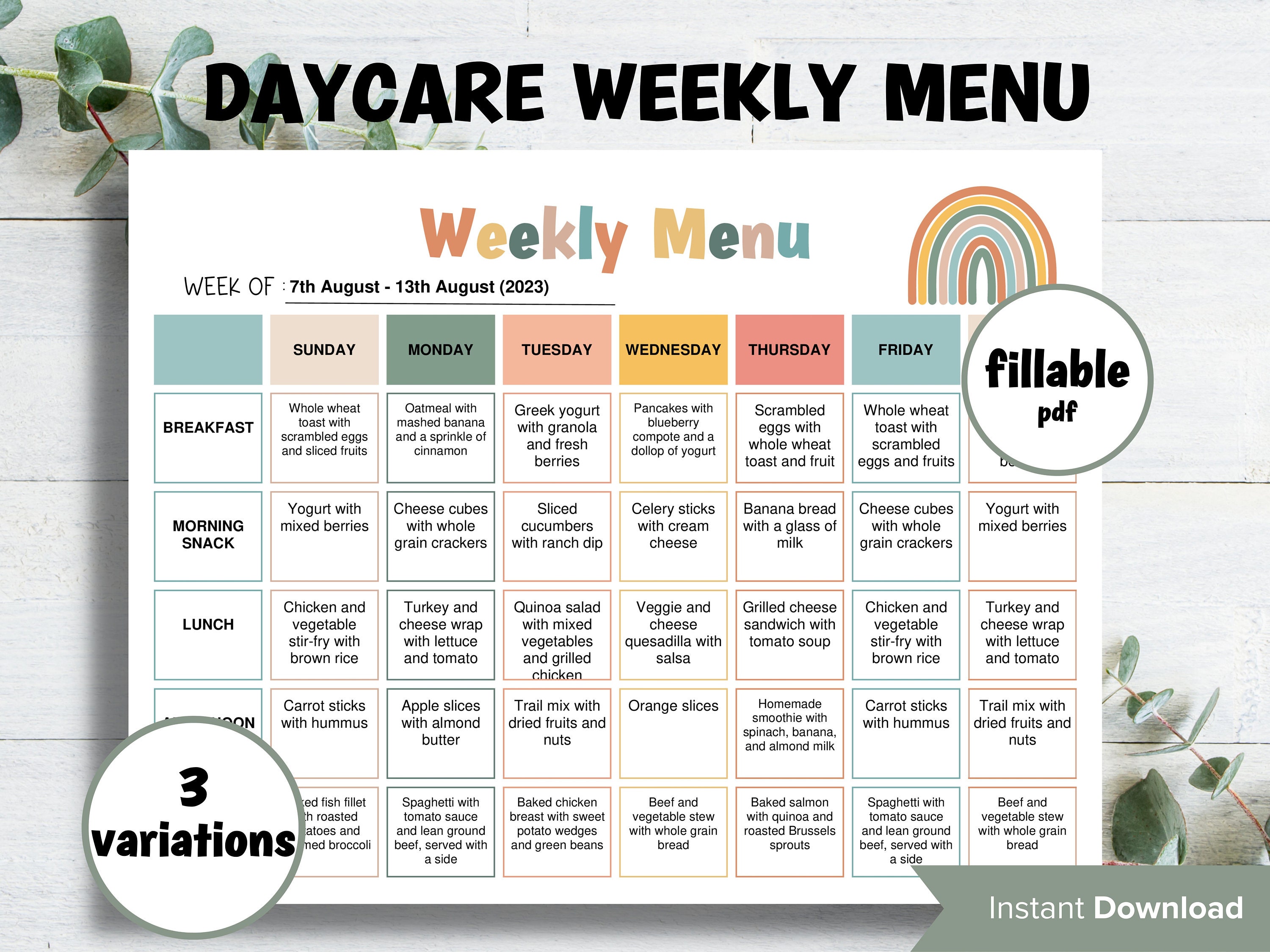 Home Daycare Weekly Menu Editable Weekly Meal Planner - Etsy