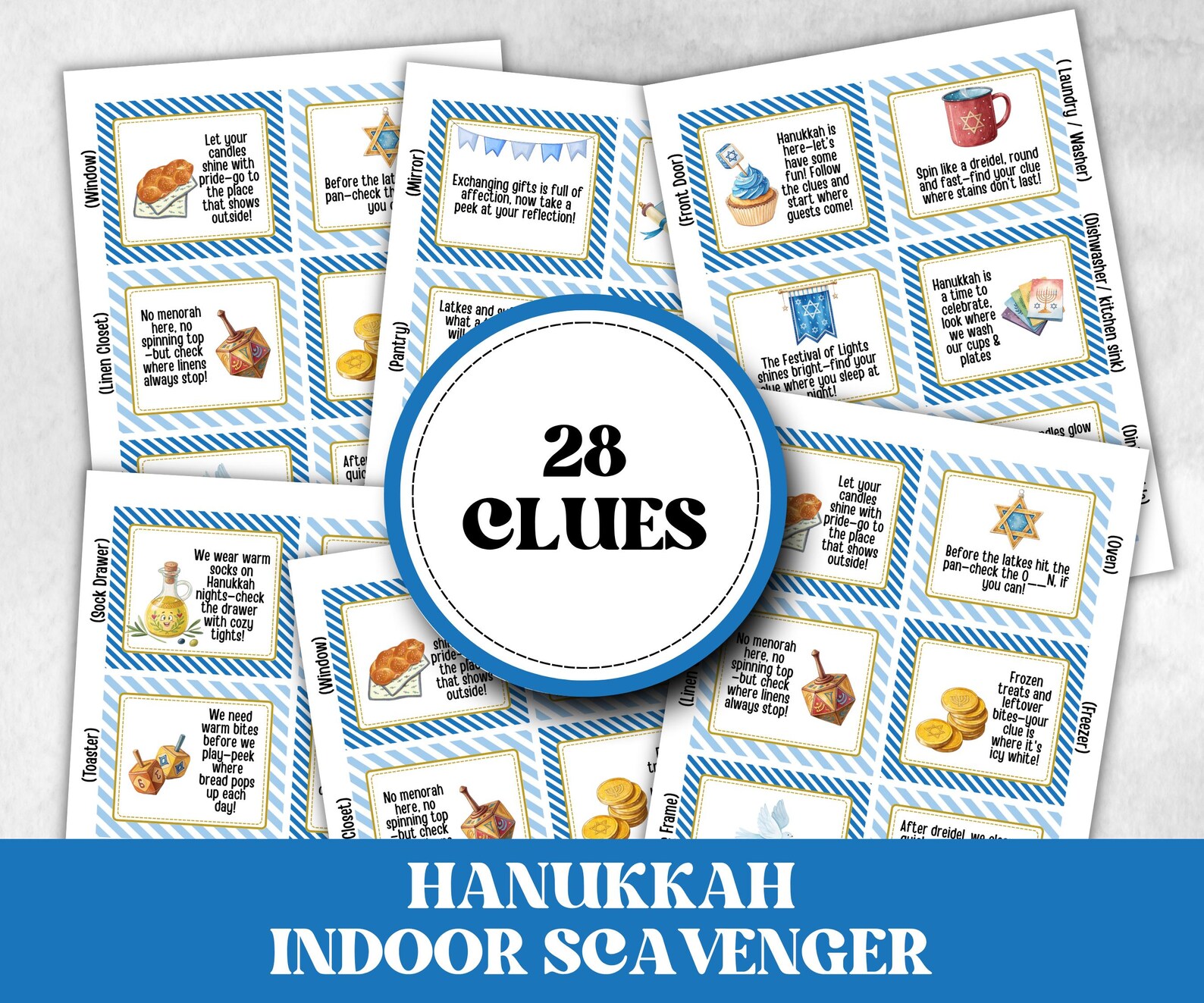 Kids Hanukkah Indoor Scavenger Hunt, Treasure Scavenger Rhyming Clues ...
