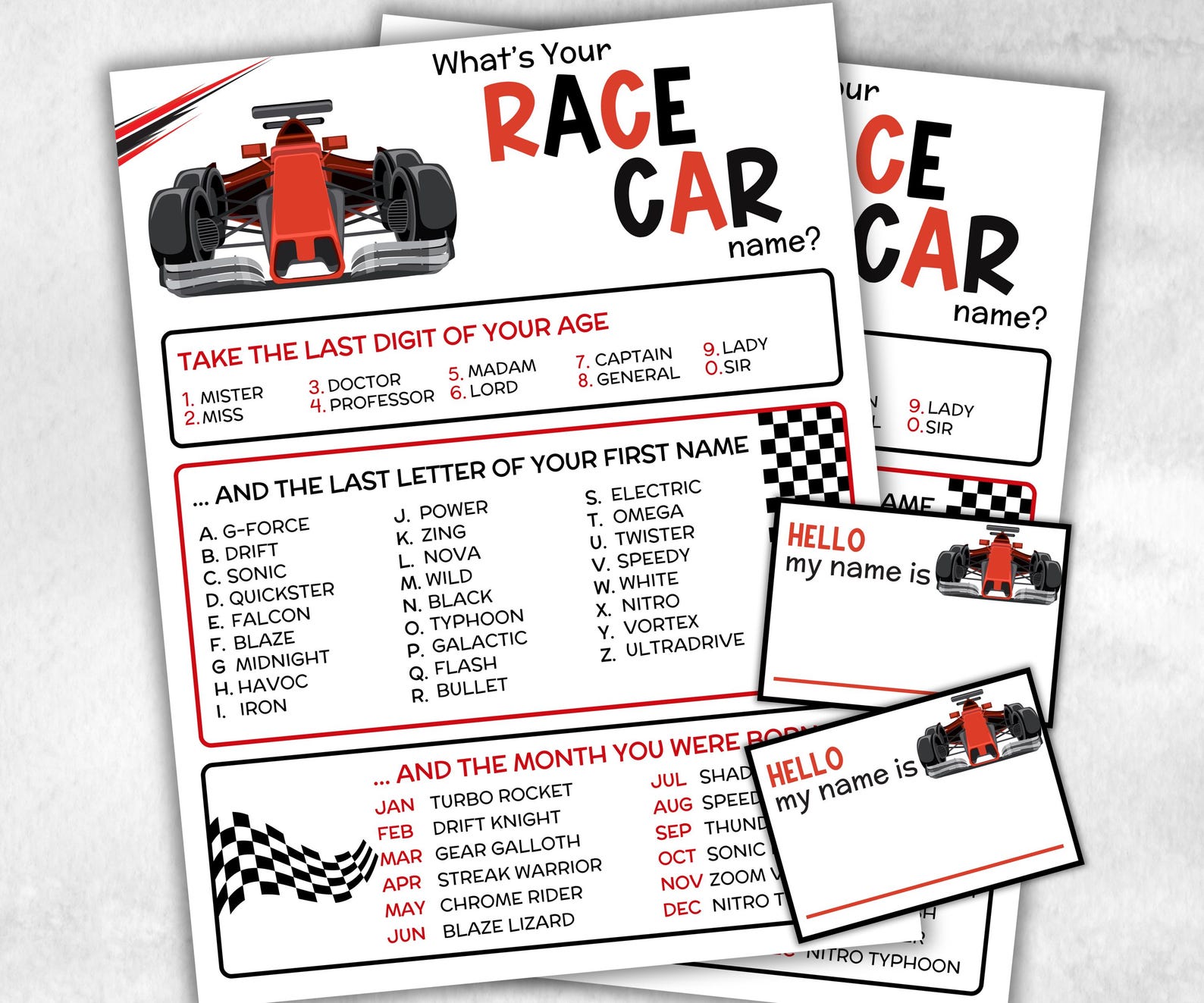 What is Your Race Car Name Printable Game, Office Party, Daycare Name ...