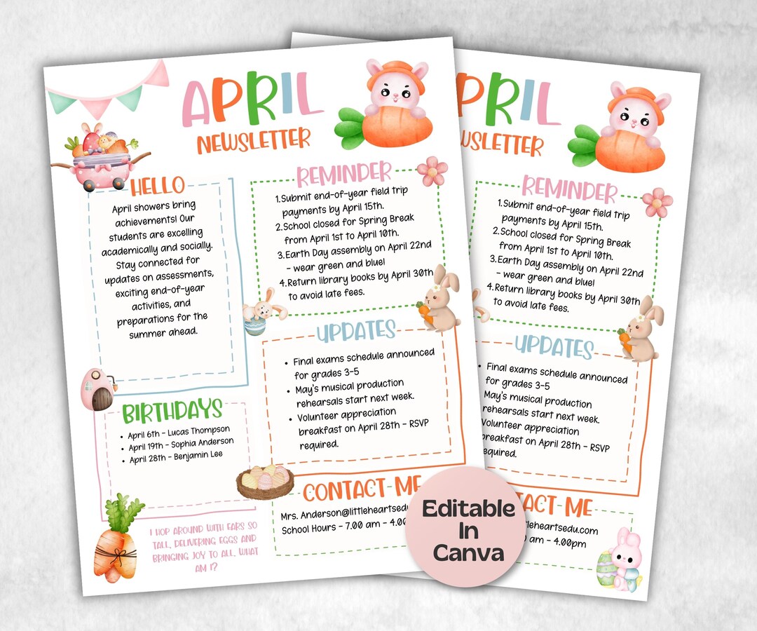Easter April Classroom Newsletter, Daycare Class Newsletter, Newsletter ...