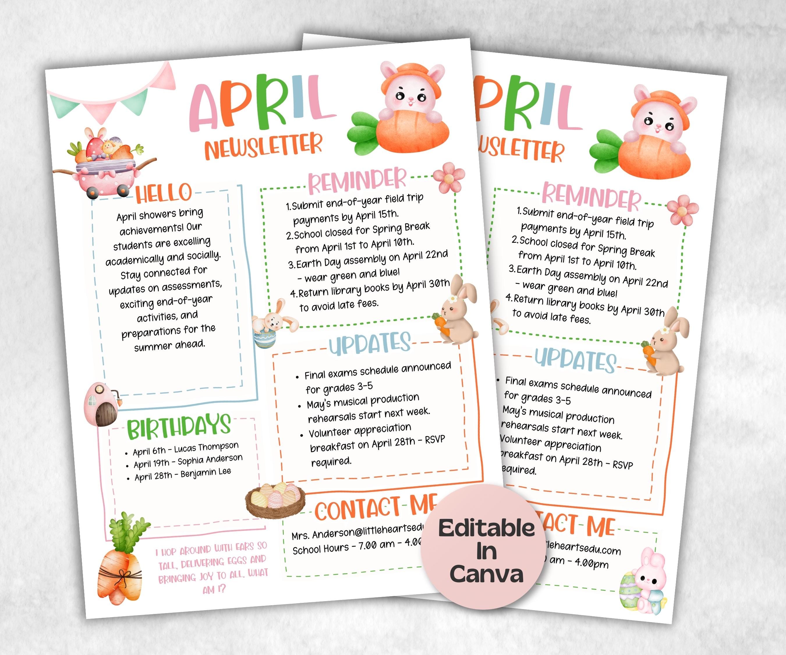 Easter April Classroom Newsletter, Daycare Class Newsletter, Newsletter ...