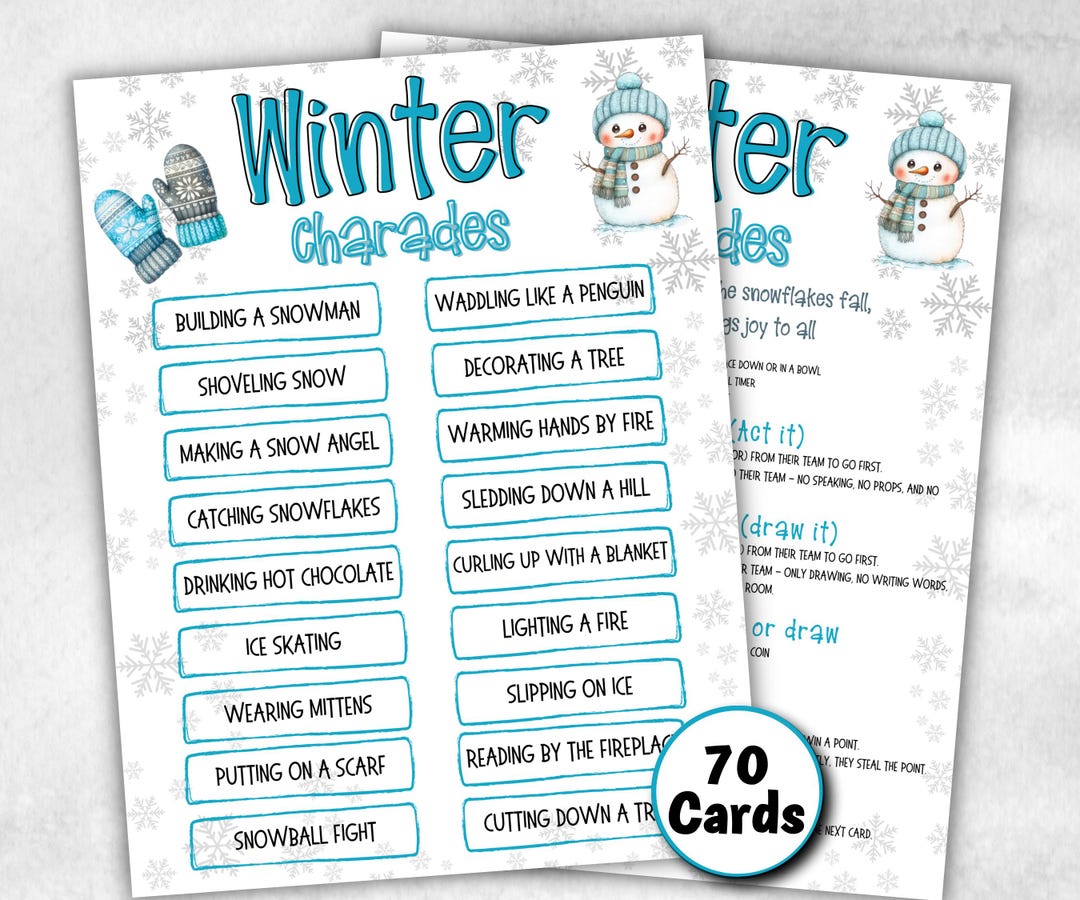 Winter Printable Charades, Winter Pictionary Card, Family Reunion ...