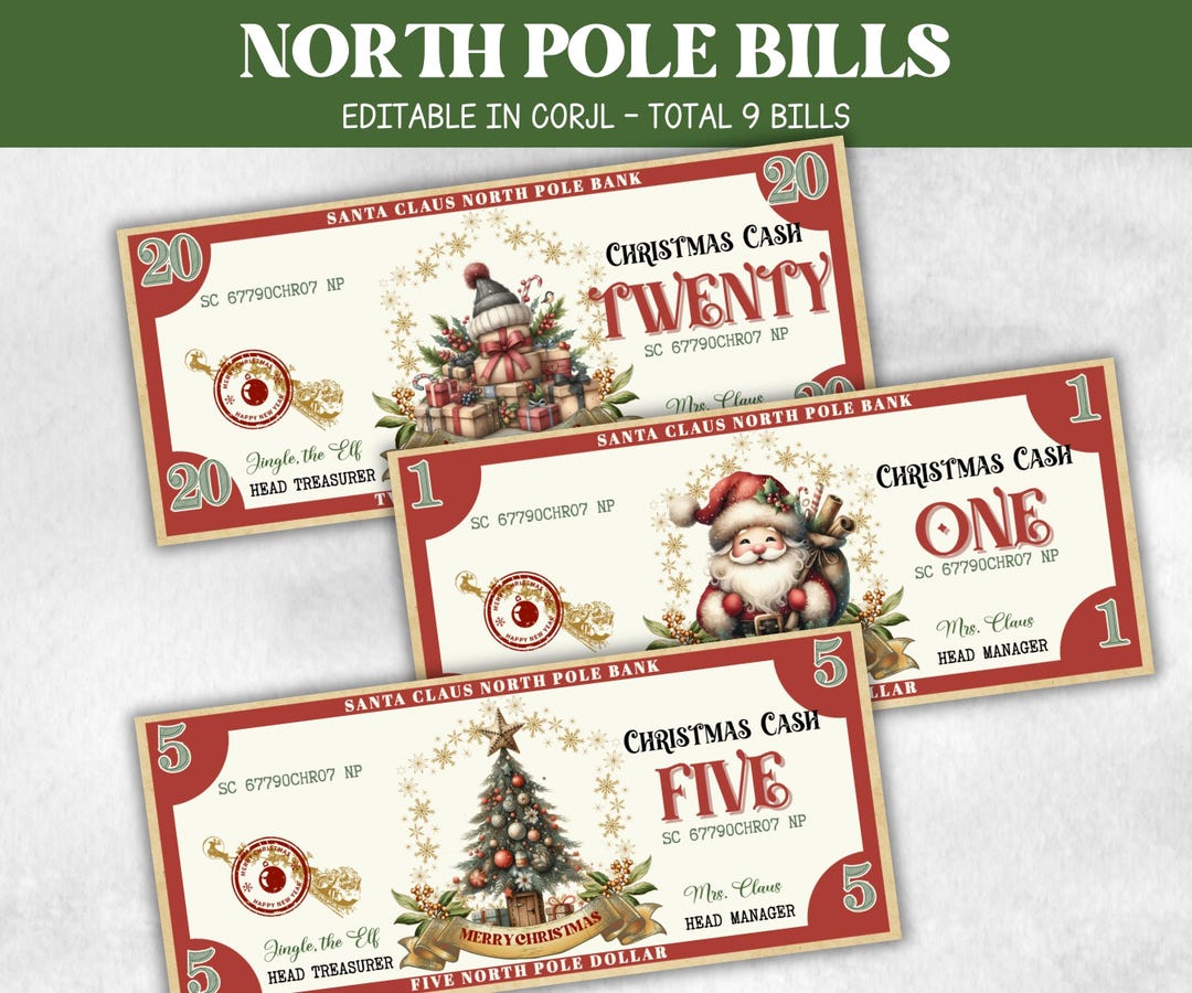 Ready to Print Christmas Bucks, Editable Christmas Play Money, North ...