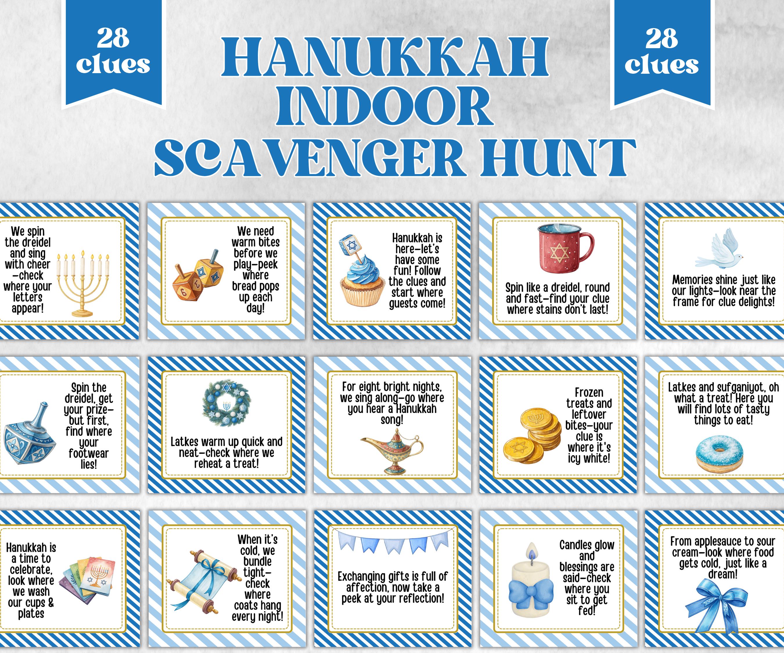 Kids Hanukkah Indoor Scavenger Hunt, Treasure Scavenger Rhyming Clues ...