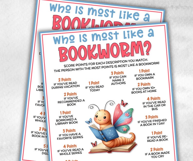 Who is Most Like a Bookworm, Book Club Games, Library Party, Book Club ...