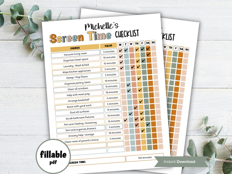 Editable Screen Time Tracker, Chore Chart for Kids, Screentime ...