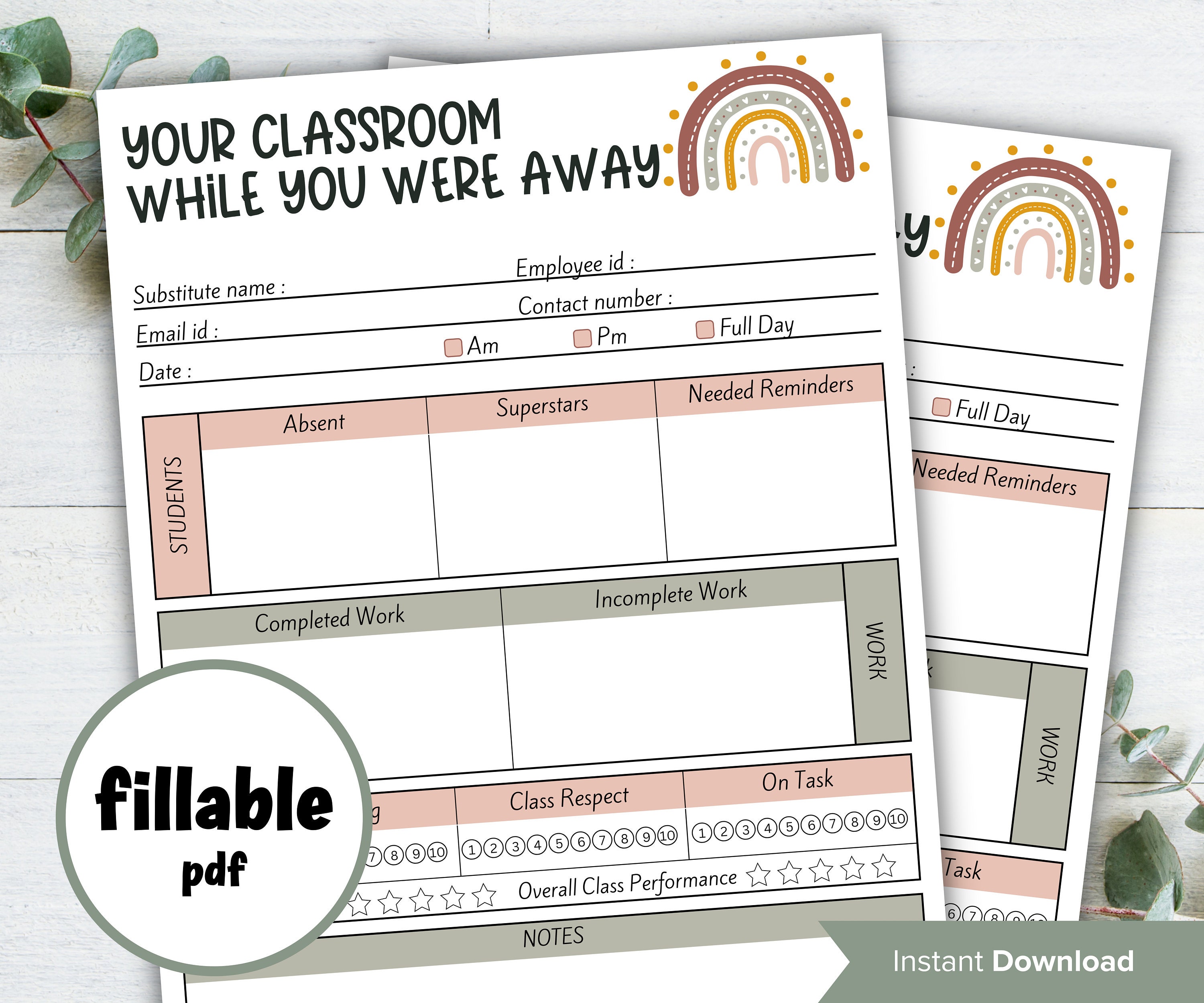 Fillable Substitute Teacher Notes I While You Were Away I Printable ...