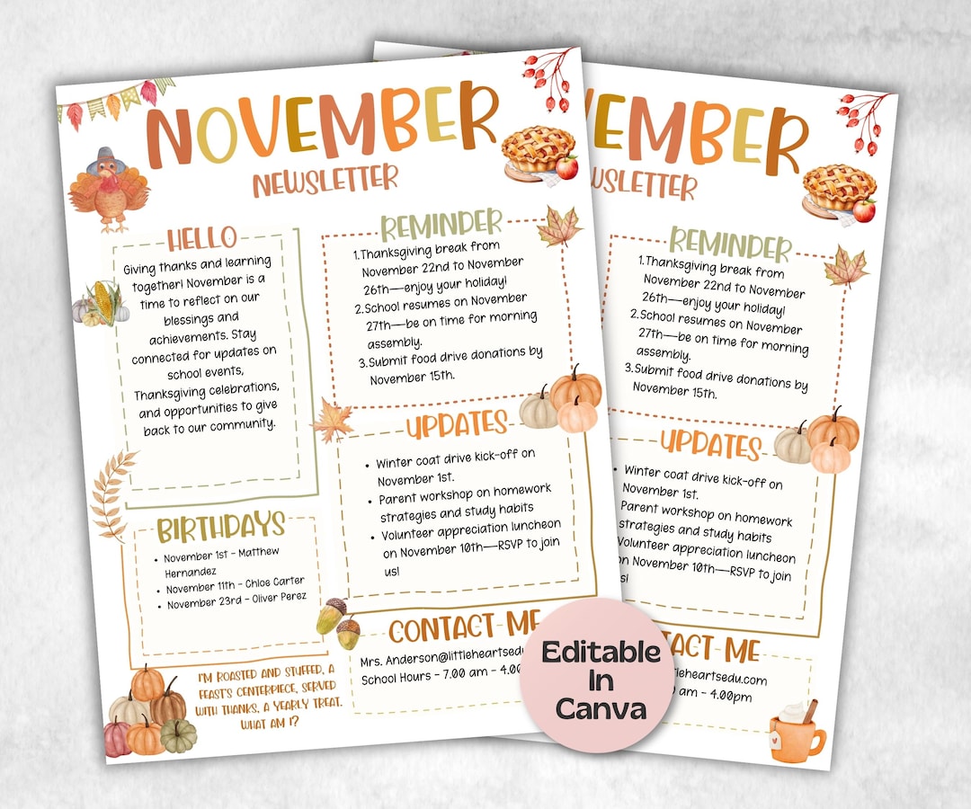 Thanksgiving November Classroom Newsletter, Parent Communication ...
