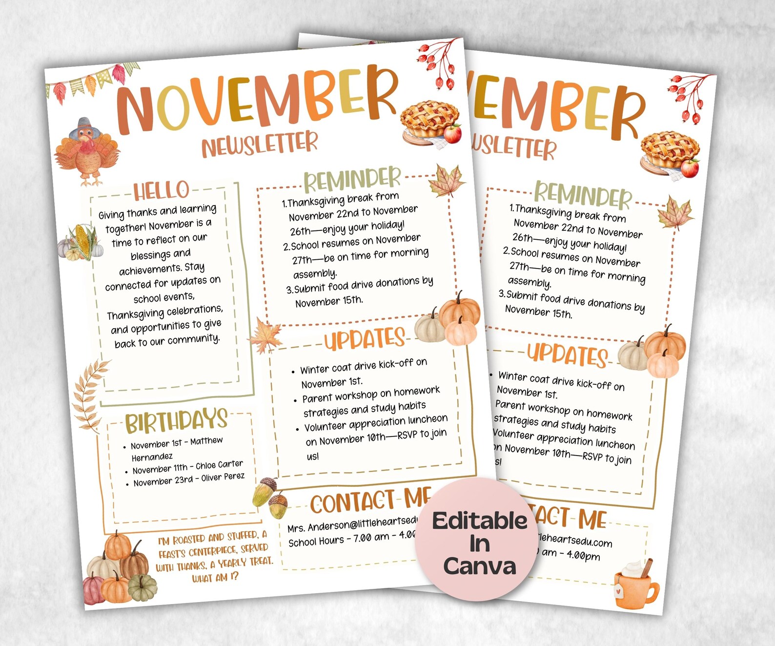 Thanksgiving November Classroom Newsletter, Parent Communication ...