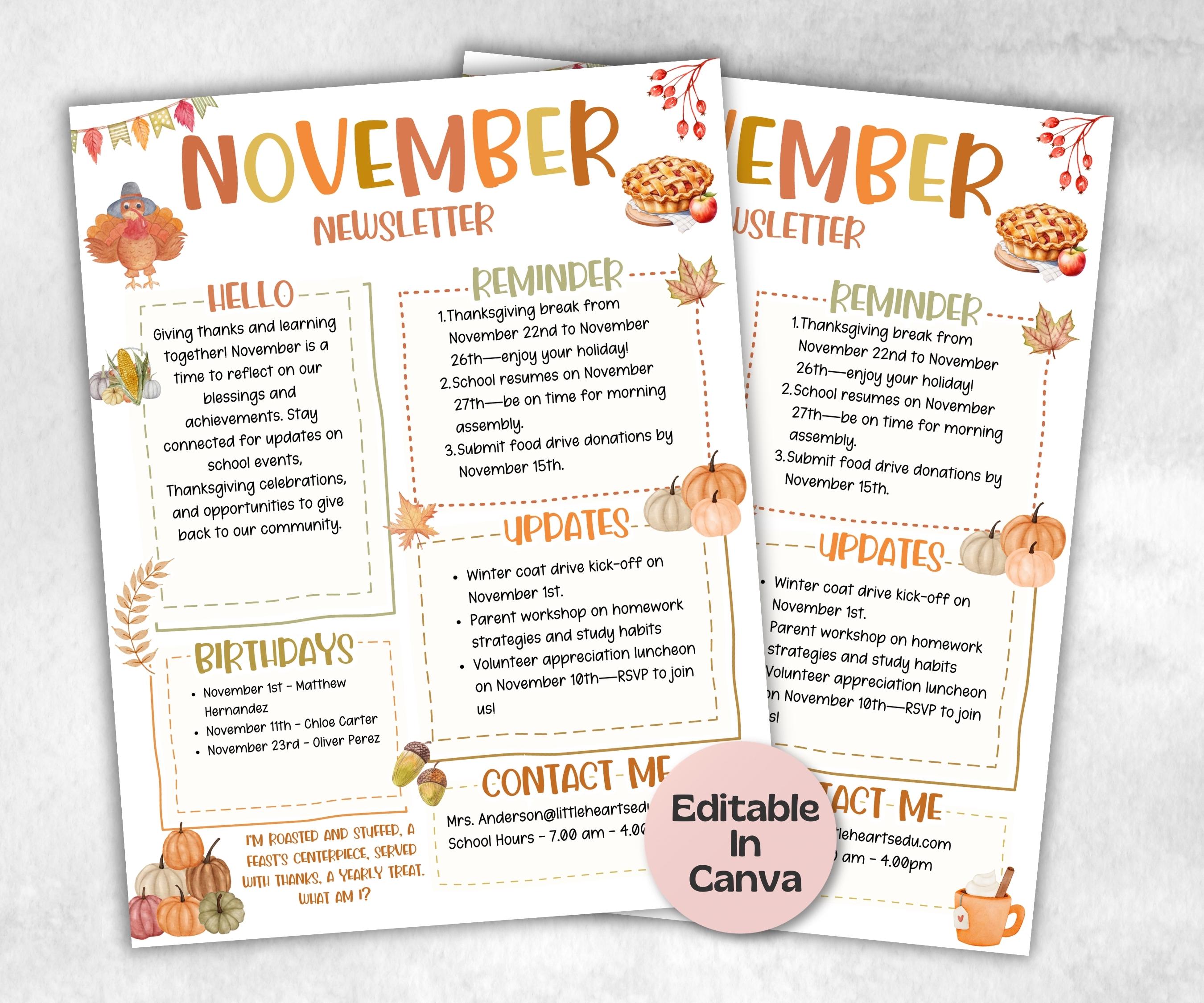 Thanksgiving November Classroom Newsletter, Parent Communication ...